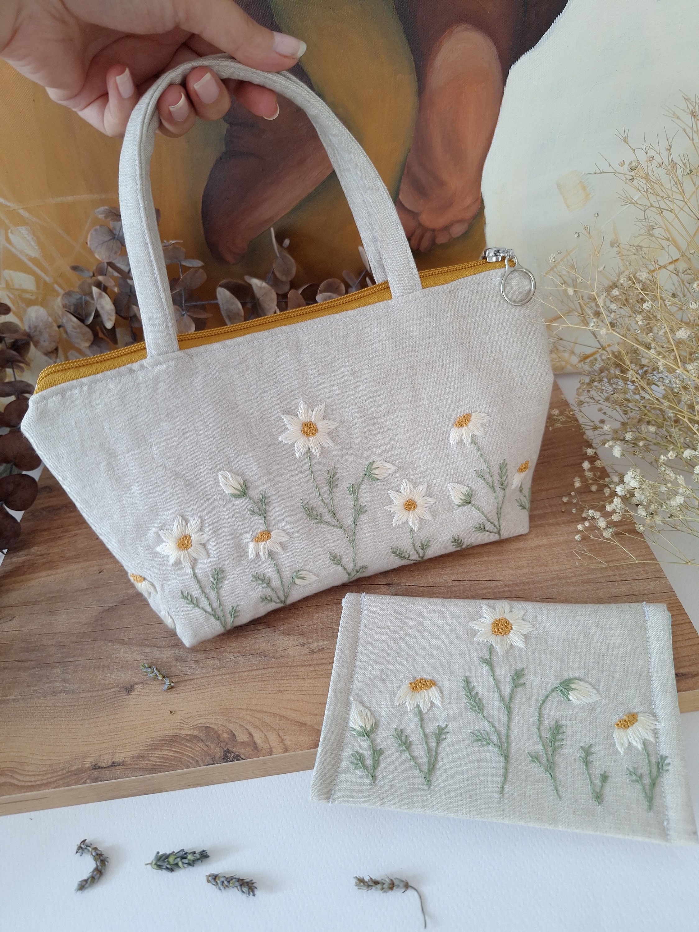 Floral Embroidered Linen Clutch Bag and Purse Embroidery Handbag Hand ...