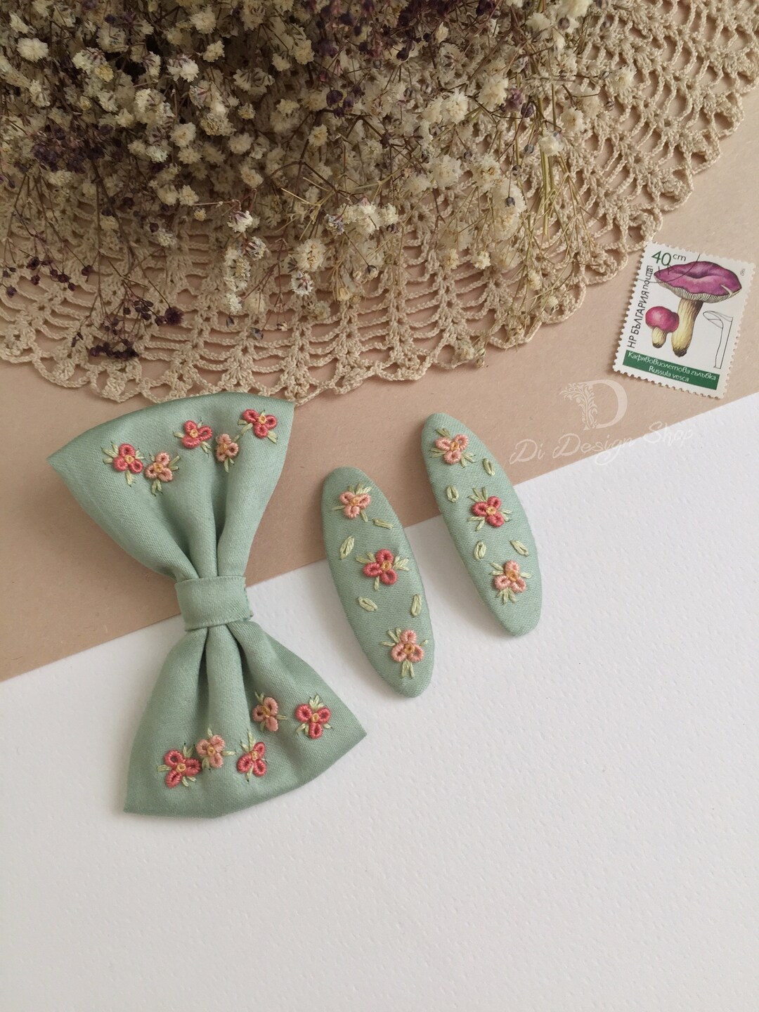 Water Green Color Beauty Hairklips Hairpin Set Embroidered Hair Bow ...