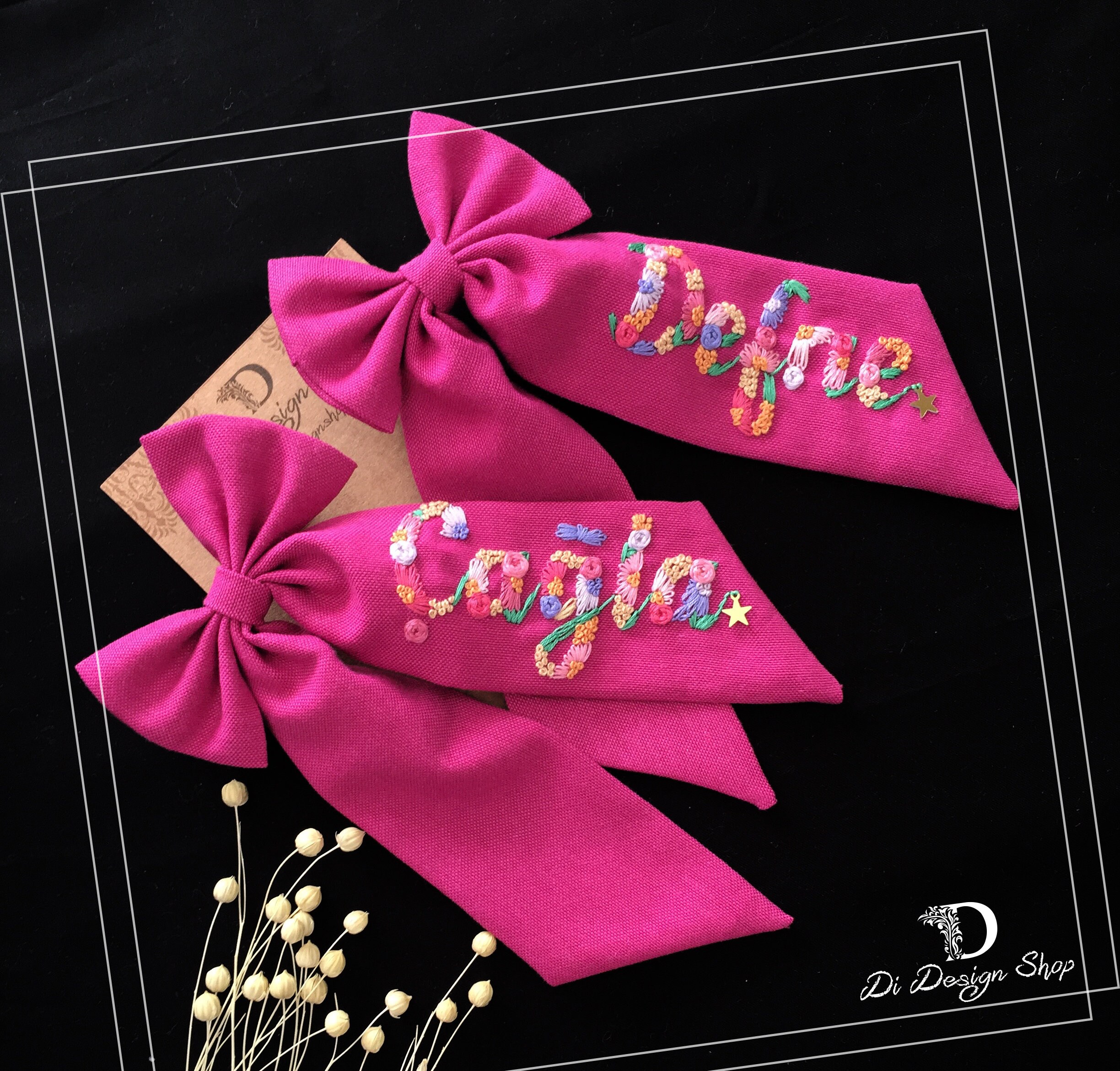 Name Hand Embroidered Bow - Custom Name Bow - Personal Hairbow - Floral ...