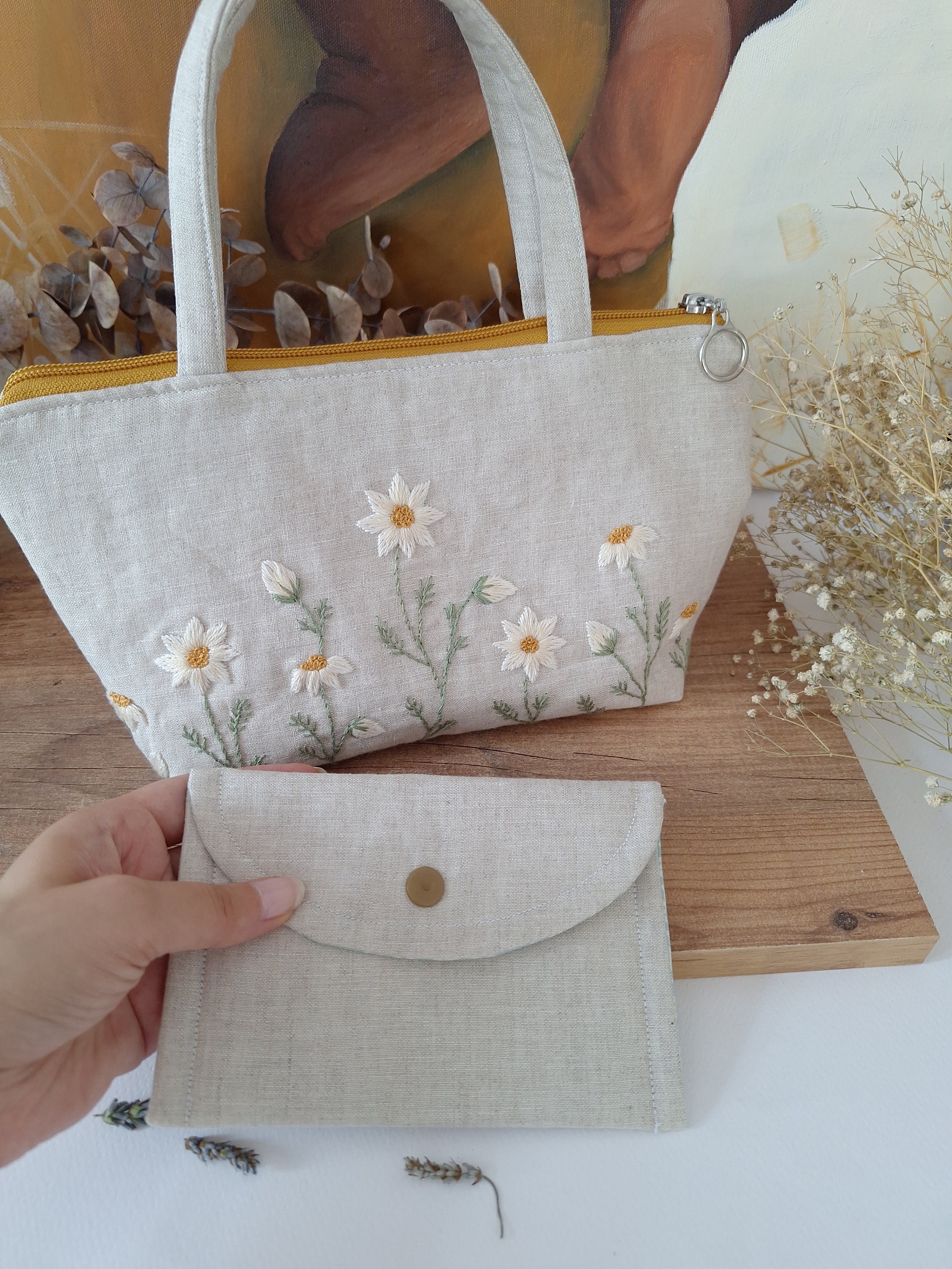 Floral Embroidered Linen Clutch Bag and Purse Embroidery Handbag Hand ...