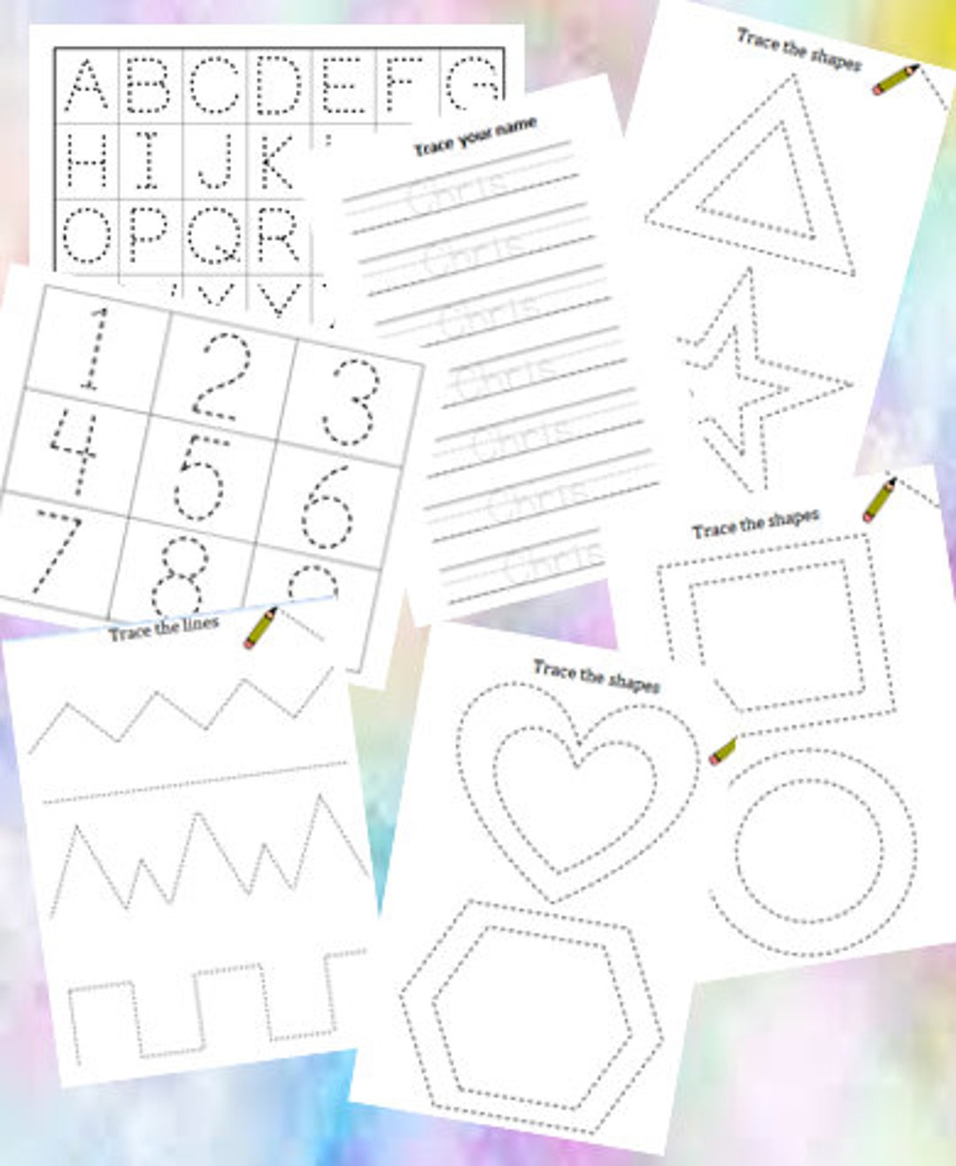 7 Printable Tracing Activity Pages Bundle: Alphabet, Numbers, Shapes ...
