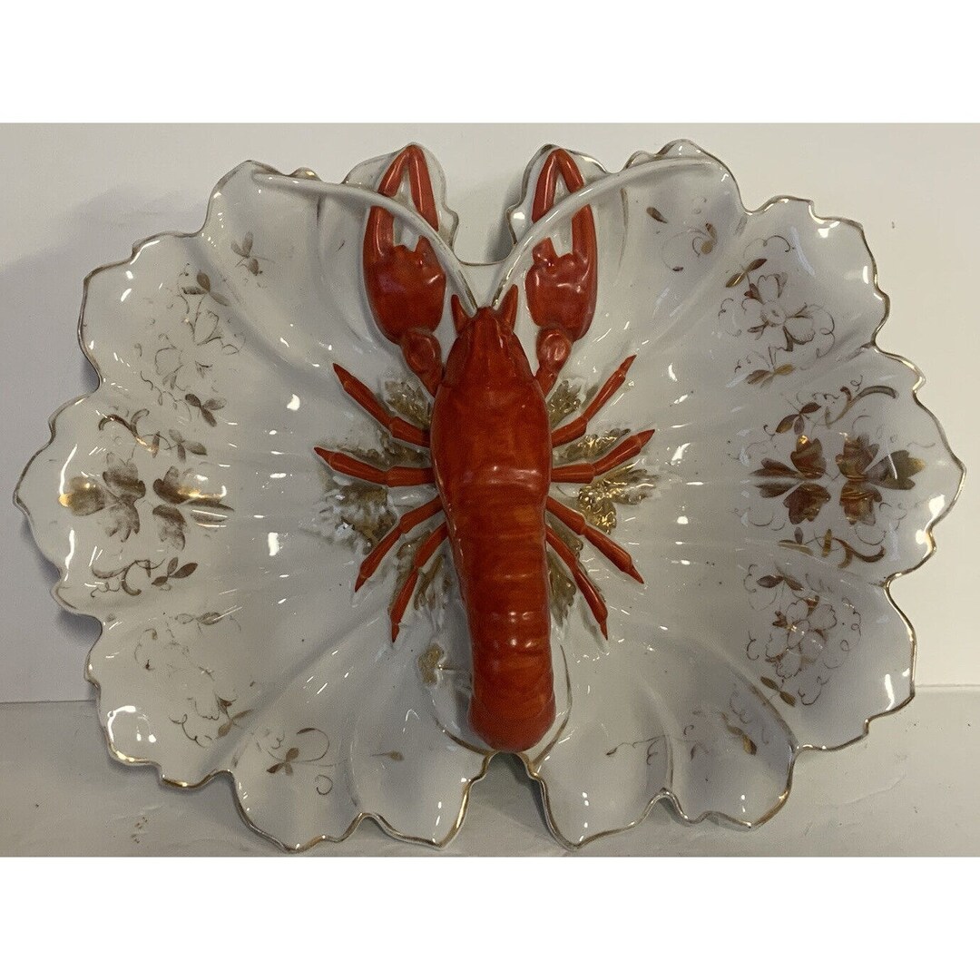 Antique German Divided Lobster Dish Lobster Tail Handle With Gold Trim ...