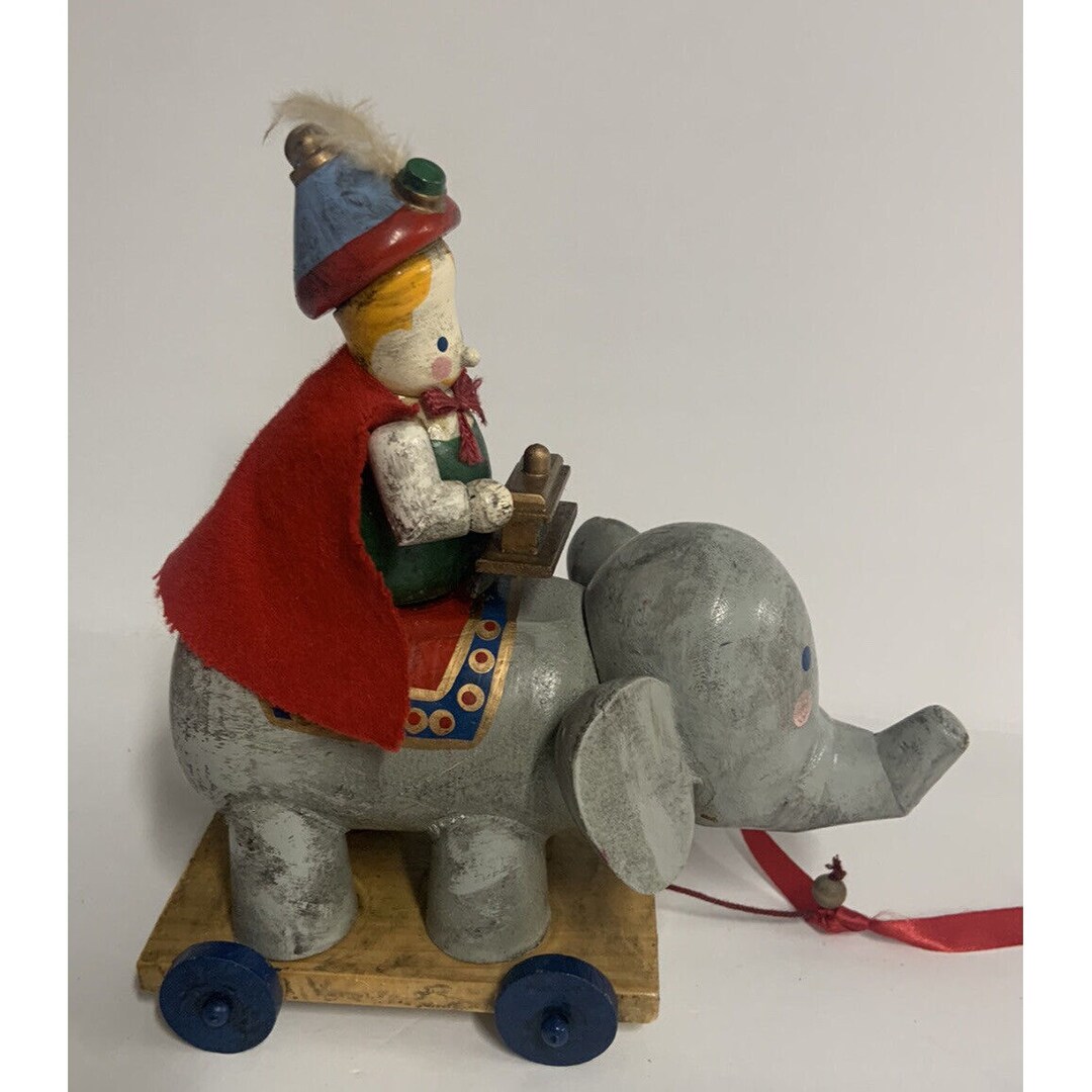 Vintage Antique WOOD PULL TOY Elephant With Rider Gift Hand Painted ...