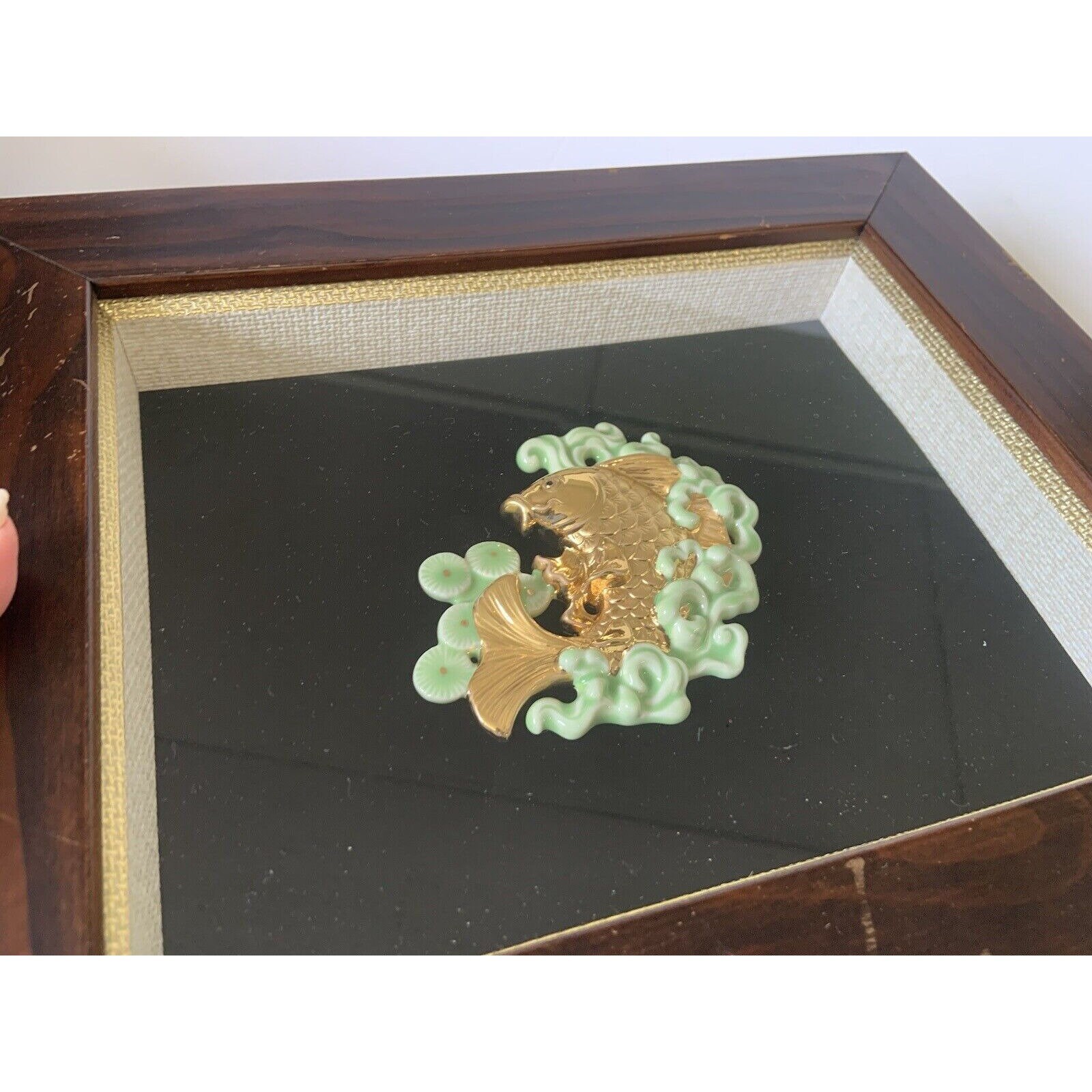 Framed Bejewelled Jade Gold Oriental Chinese Koi Fish Hongshan Shadow ...