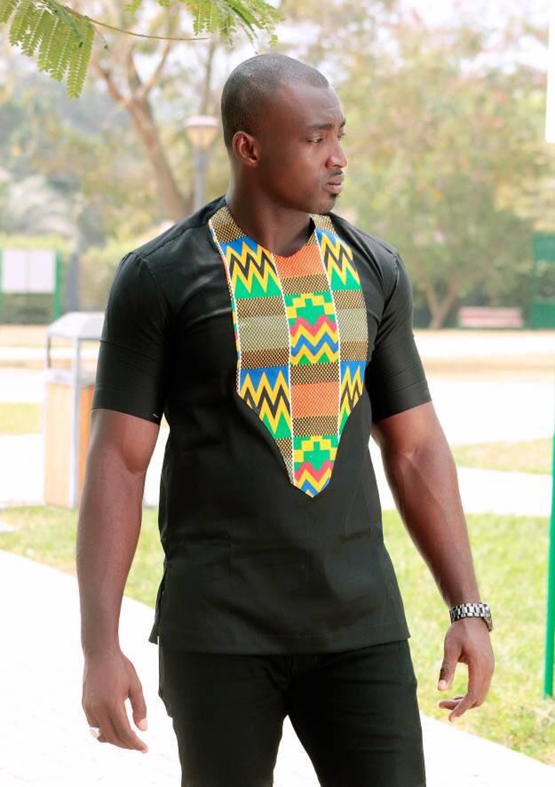 King Africa Polish Cotton & Kente Mix Men's Shirt, Black Polish Cotton ...