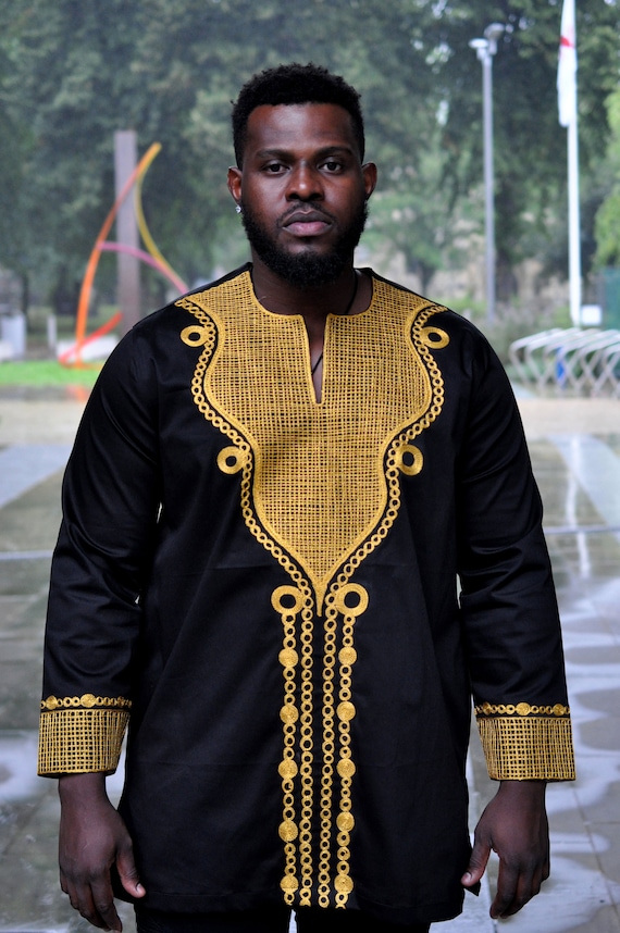 Black and Gold Men African Polished Cotton Print Wakanda Style | Etsy