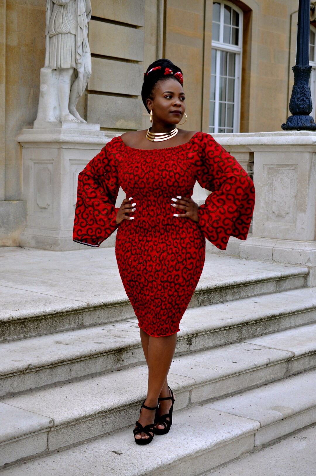 Red Ankara Body Con off Shoulder Flare Sleeve Dress| Flare Sleeves ...