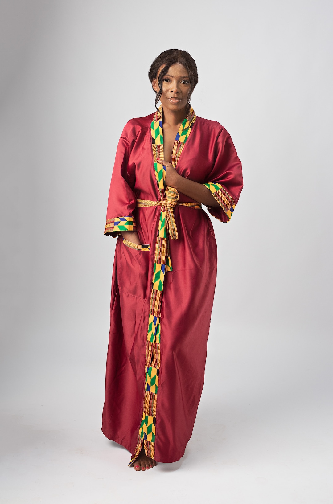 Maroon & African Kente Print Satin Kimono Robe/ One Size/ Tie Front - Etsy