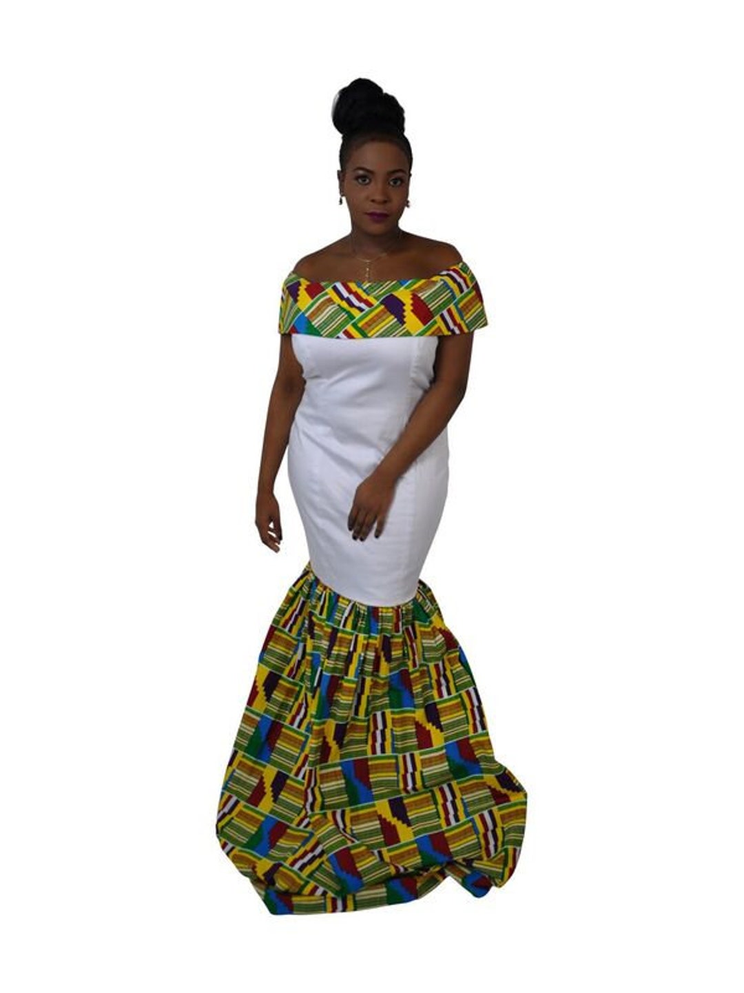 African White Polis Kente Prom Dress | Traditional Occasion Dress ...