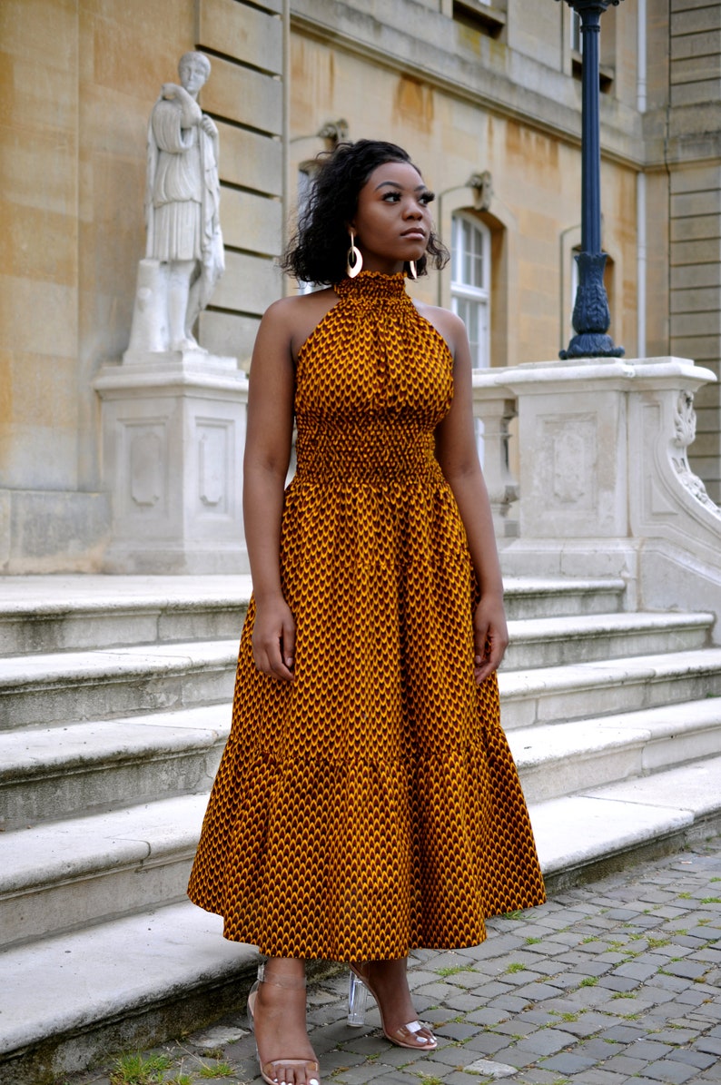 Mustard Yellow Halter Neck Ankara Maxi Dress Womenss Halterneck Dress