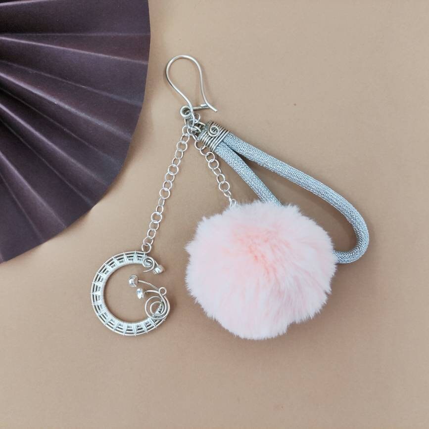 Pom pom keychain with German silver wire pendant faux fur bag | Etsy