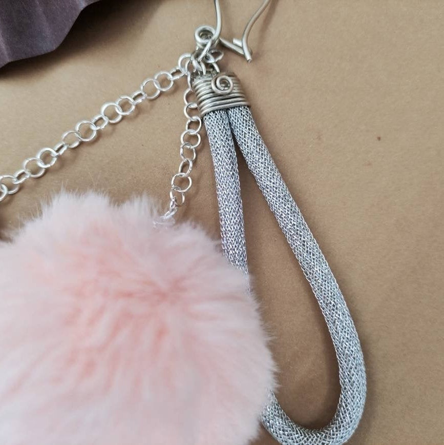 Pom pom keychain with German silver wire pendant faux fur bag | Etsy