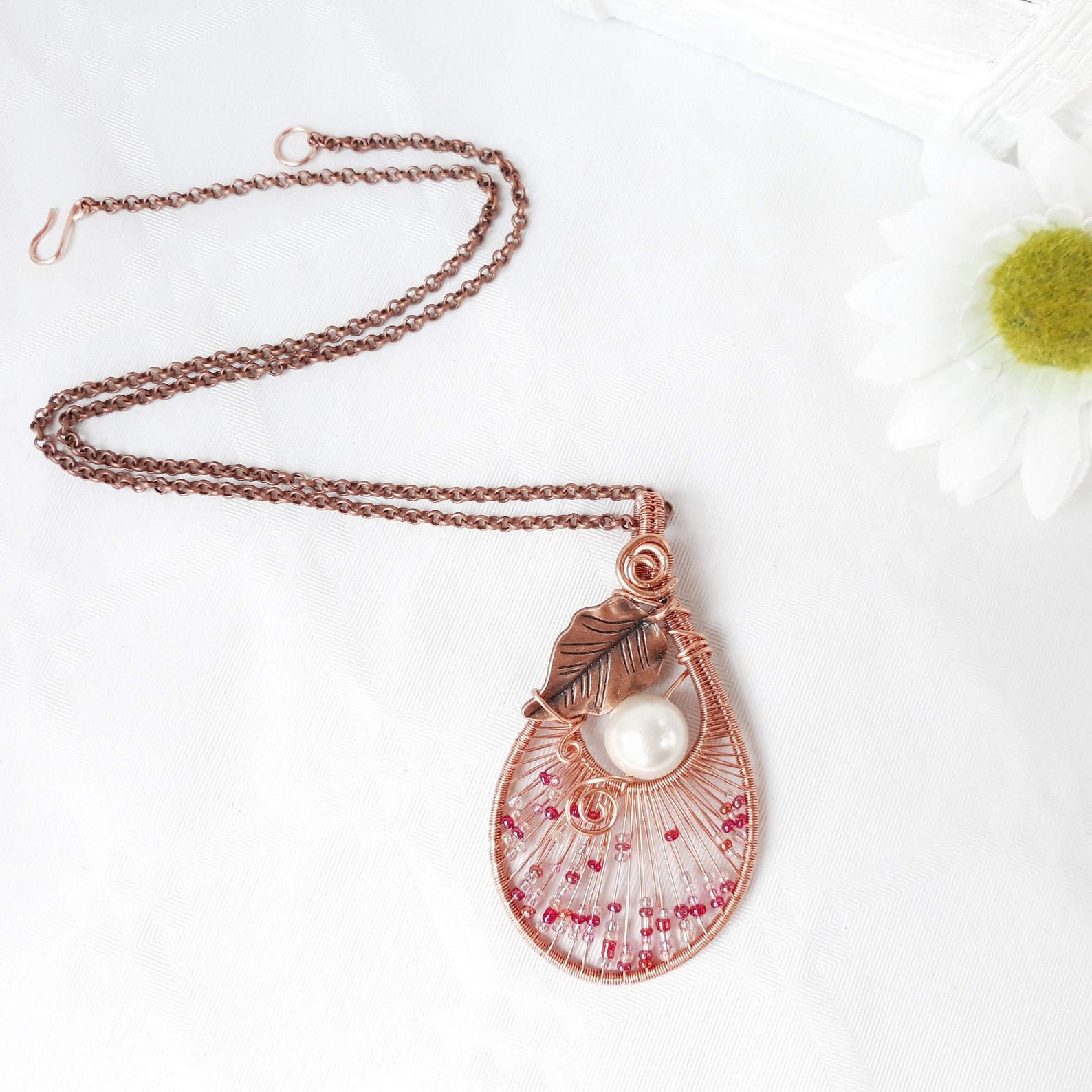 Art Deco Wire Wrapped Pendant With Pearl and Leaf for Women | Etsy