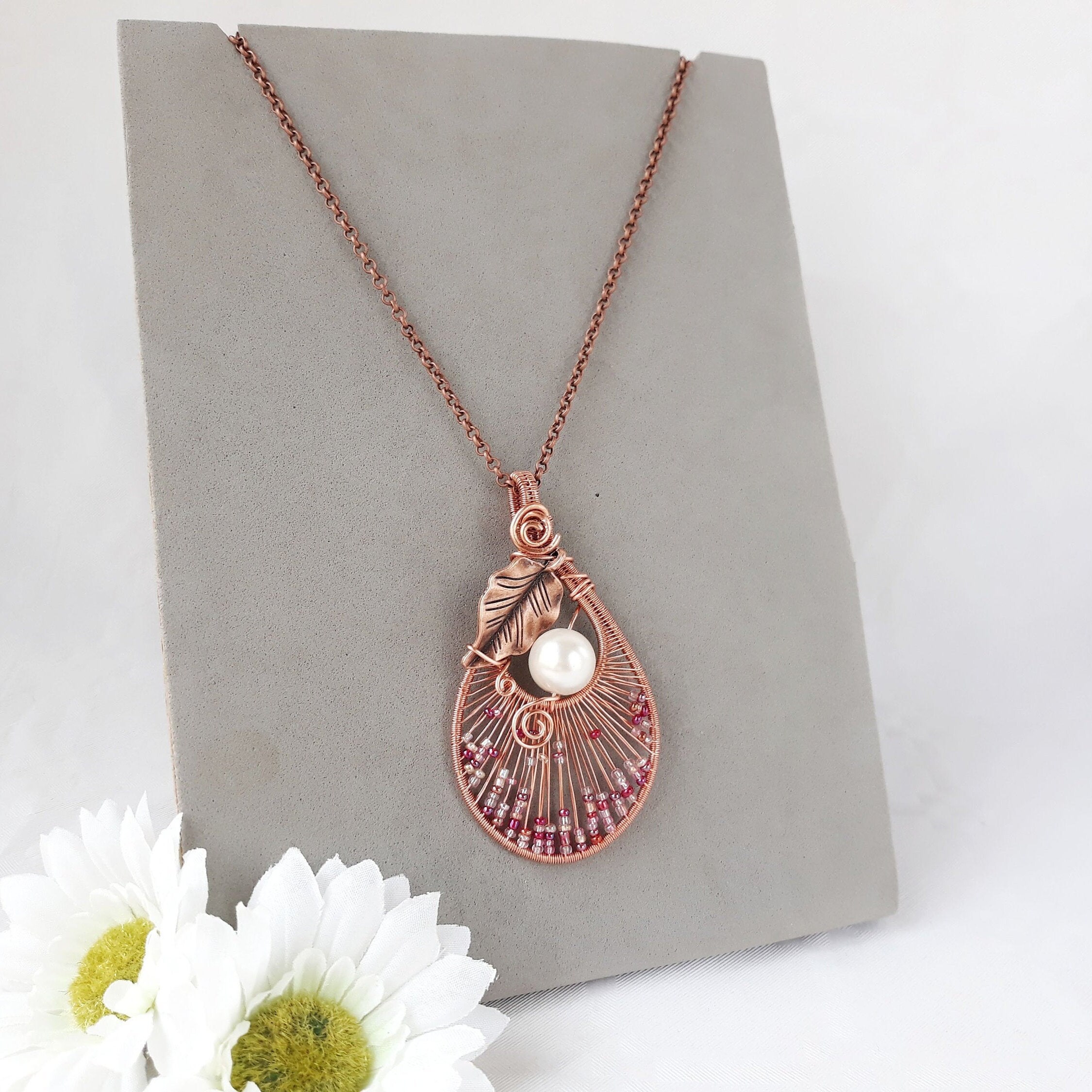 Art Deco Wire Wrapped Pendant With Pearl and Leaf For Women | Etsy