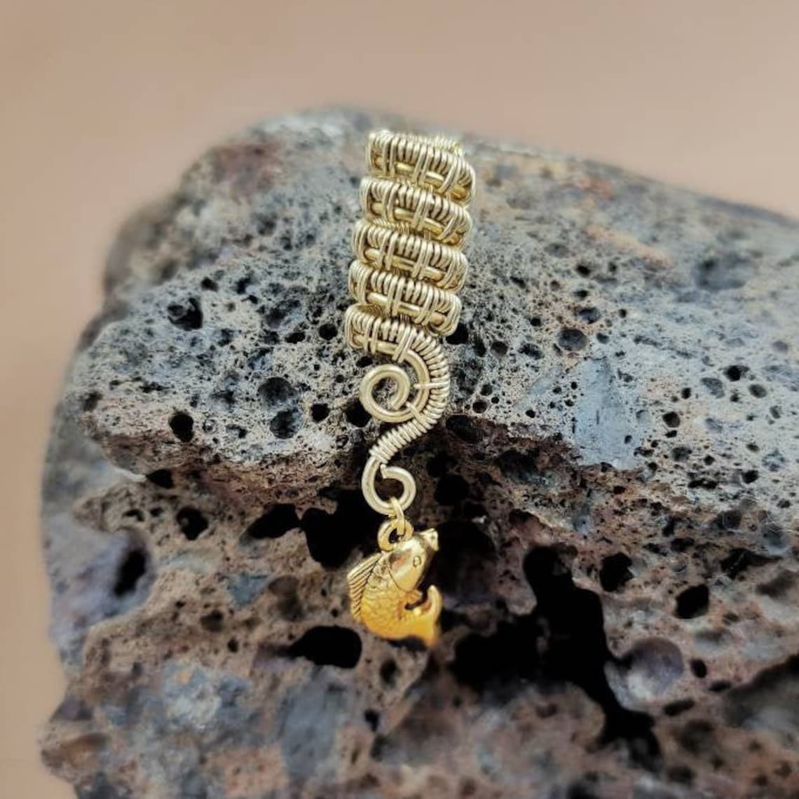 Golden Dreadlocks Beads With Fish Charm Brass Wire Wrap - Etsy