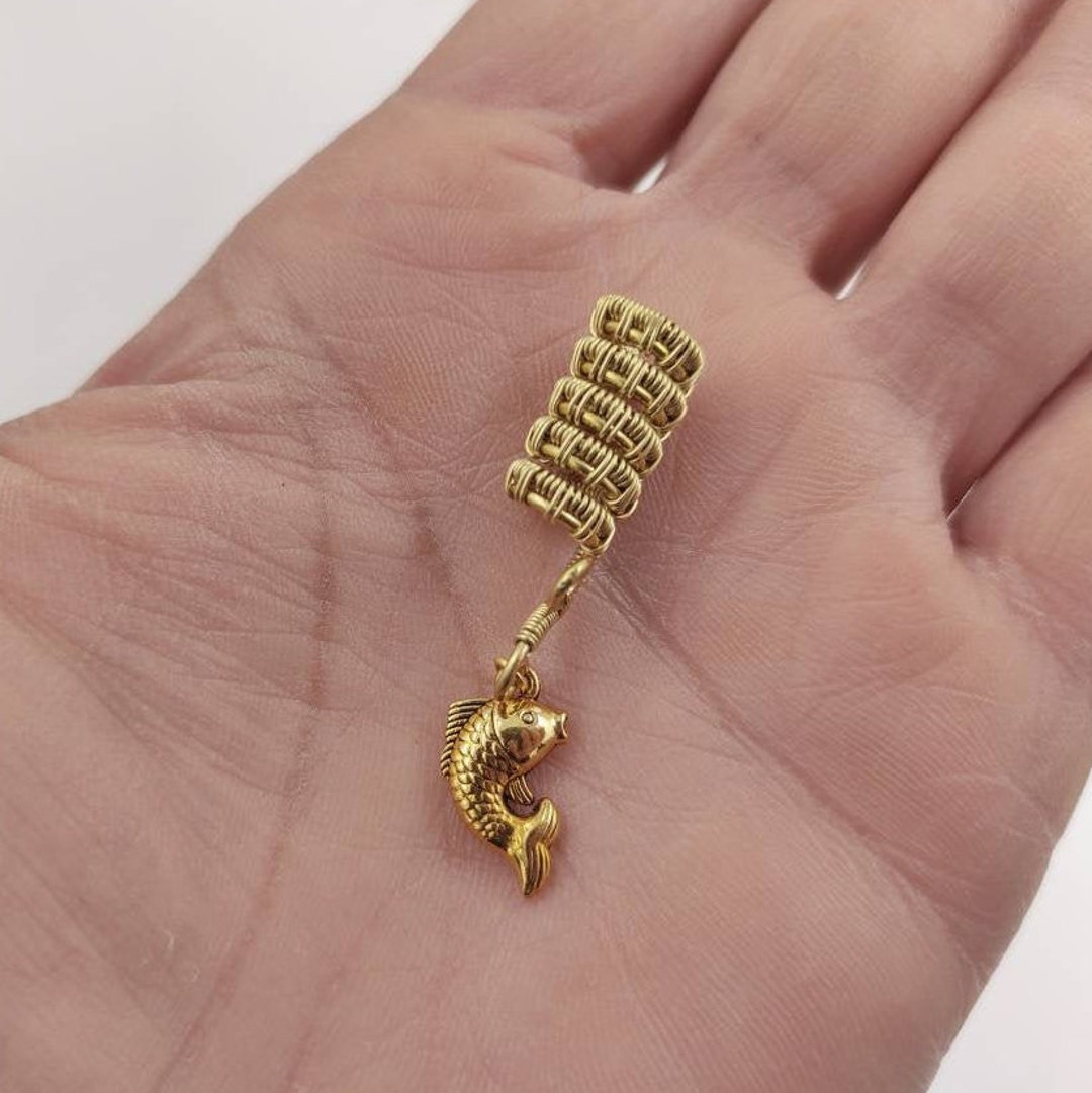 Golden Dreadlocks Beads With Fish Charm, Brass Wire Wrap Viking Dread ...