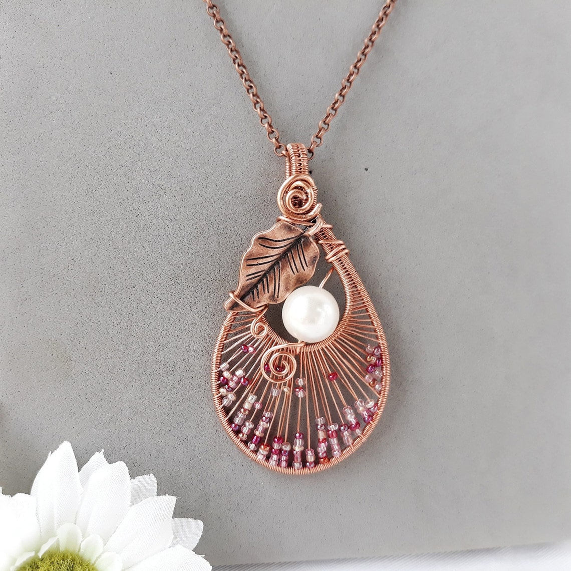 Art Deco Wire Wrapped Pendant With Pearl and Leaf For Women | Etsy