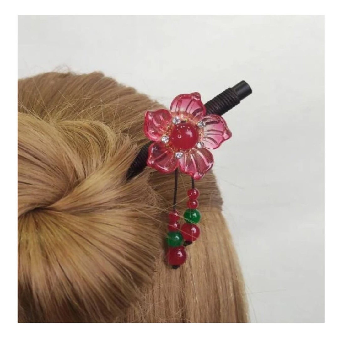 Ruby Flower Hair Stick for Long Hair With Crystal Beads - Etsy
