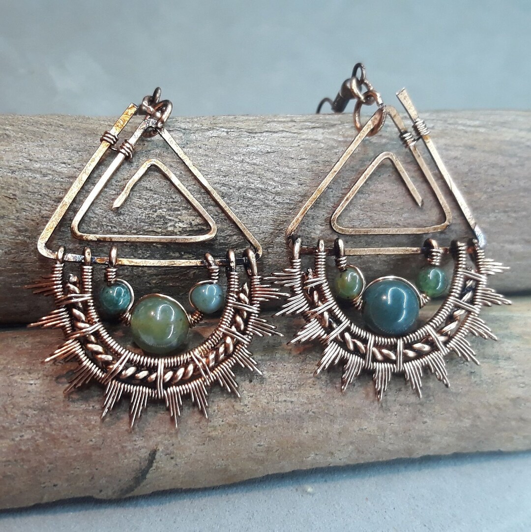 Aztec Earrings With Indian Agate, Copper Wire Wrap Tribal Inca Earrings ...