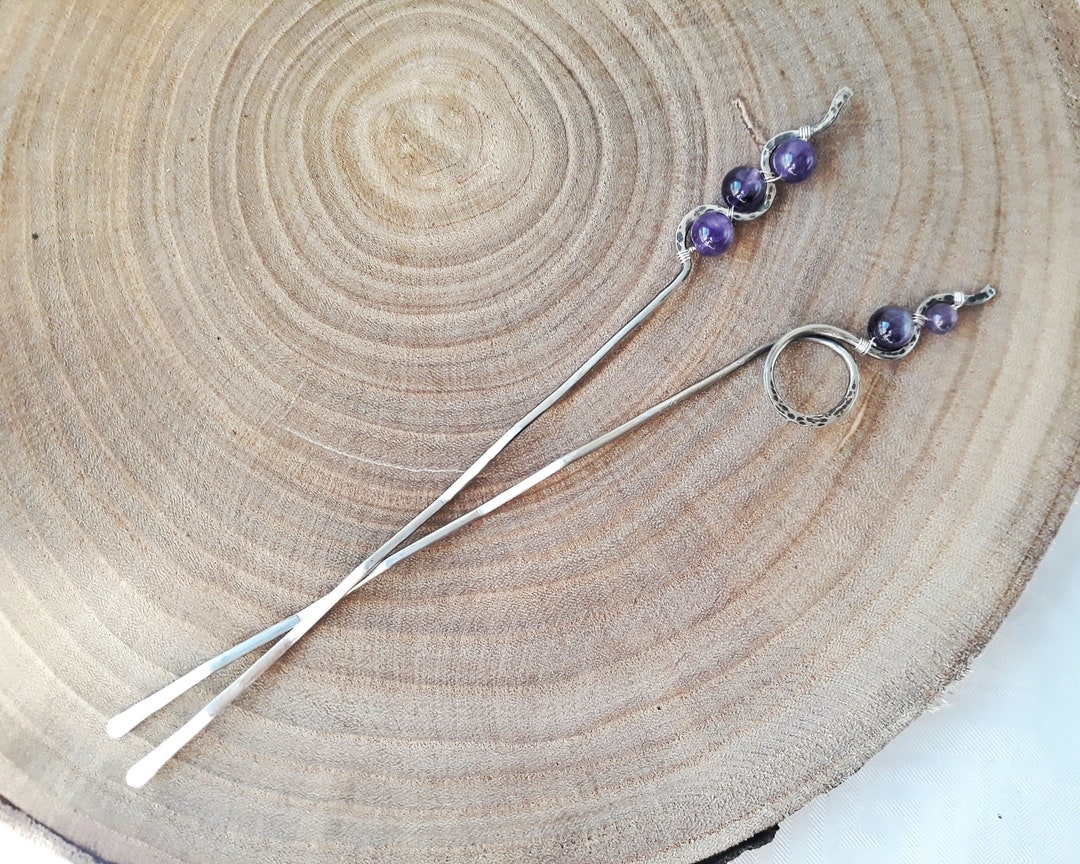 Set 2 Amethyst Hair Sticks, Silver Hair Sticks, Hair Bow for Chignon ...