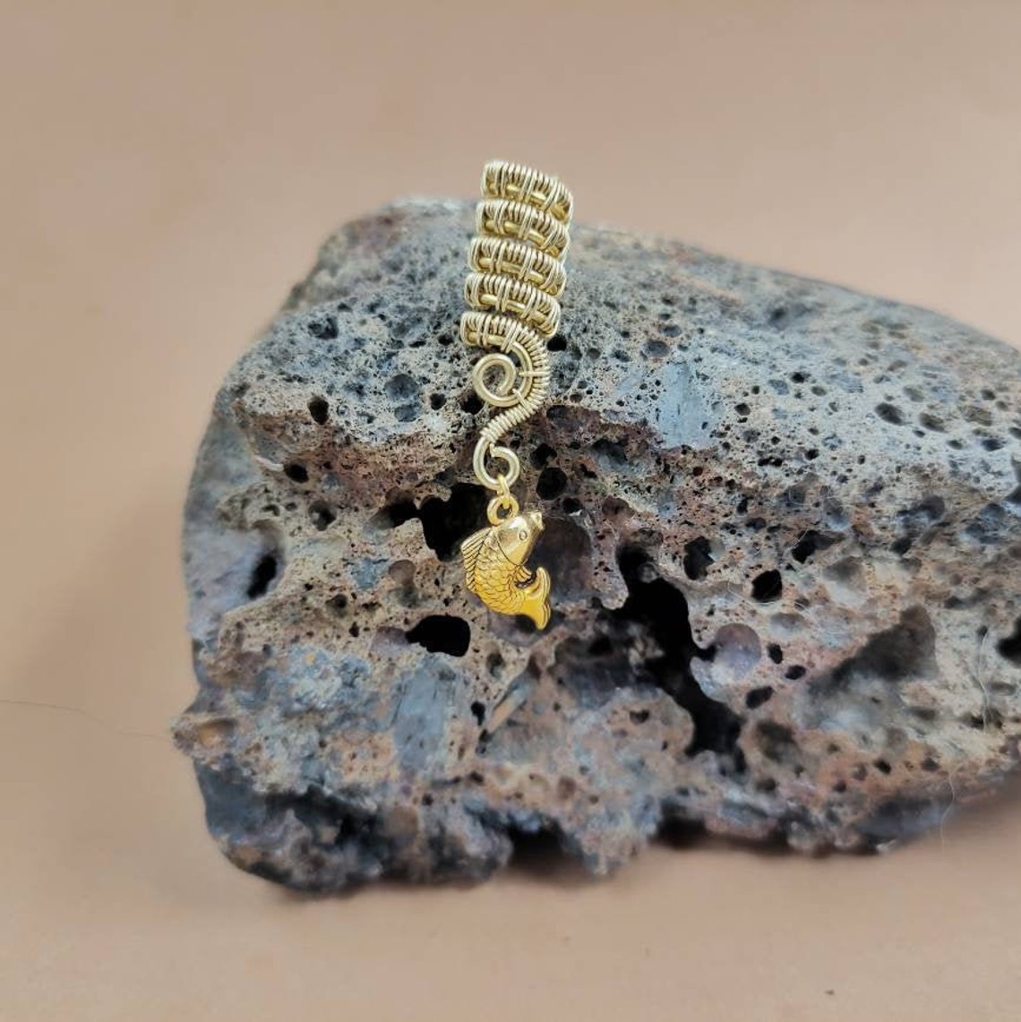 Golden Dreadlocks Beads With Fish Charm Brass Wire Wrap - Etsy