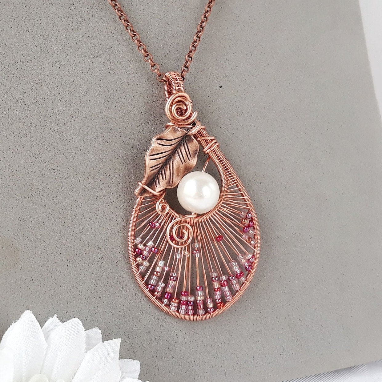 Art Deco Wire Wrapped Pendant With Pearl and Leaf For Women | Etsy