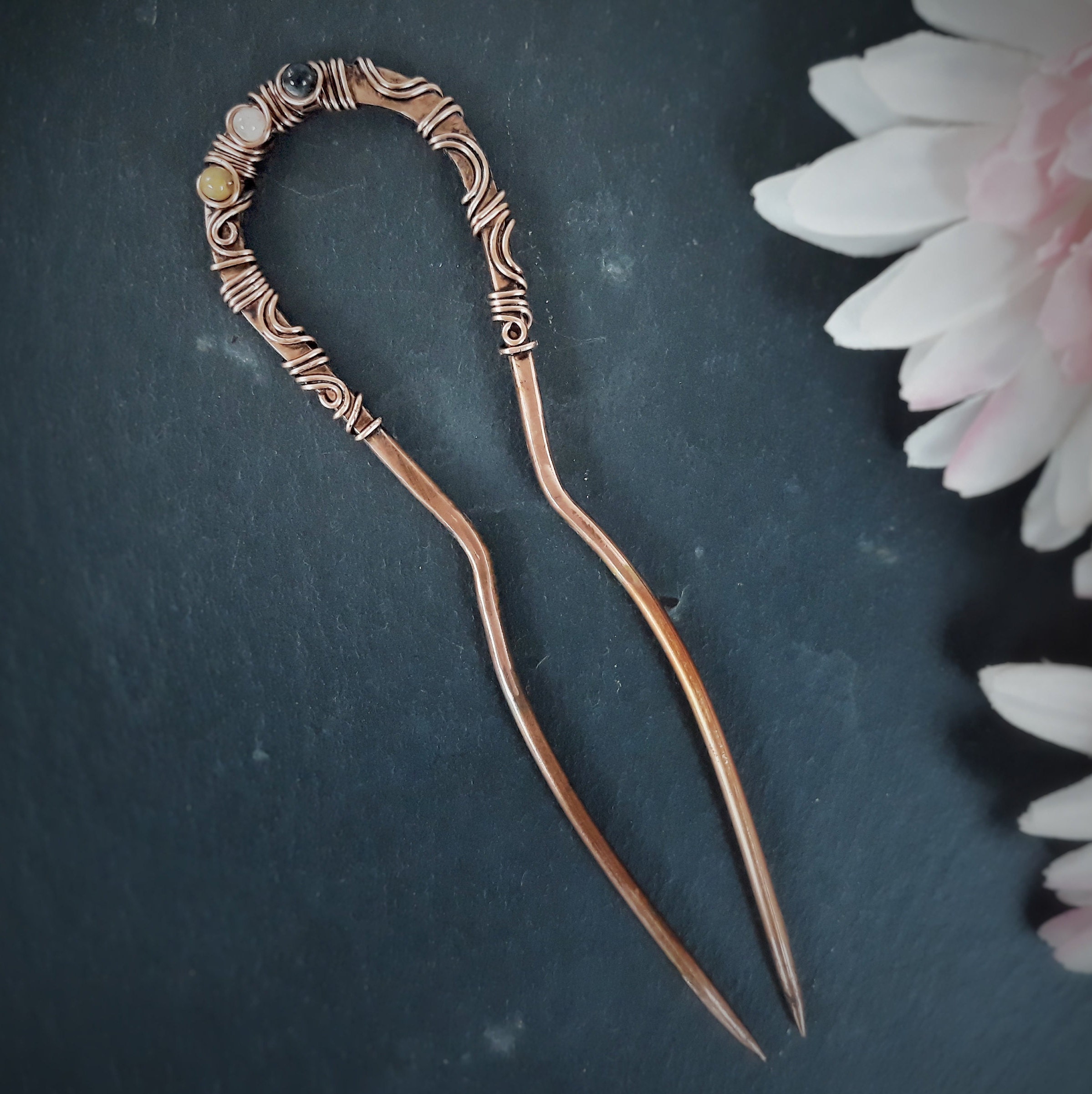 Art Deco hair claw clip with natural stones and copper | Etsy