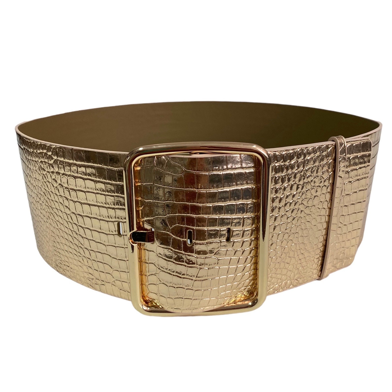 4 Inch Oversized Buckle Gold Croco Leather Wide Waist Belt, Plus Size ...