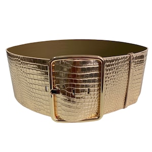 4 Inch Oversized Buckle Gold Croco Leather Wide Waist Belt, Plus Size ...
