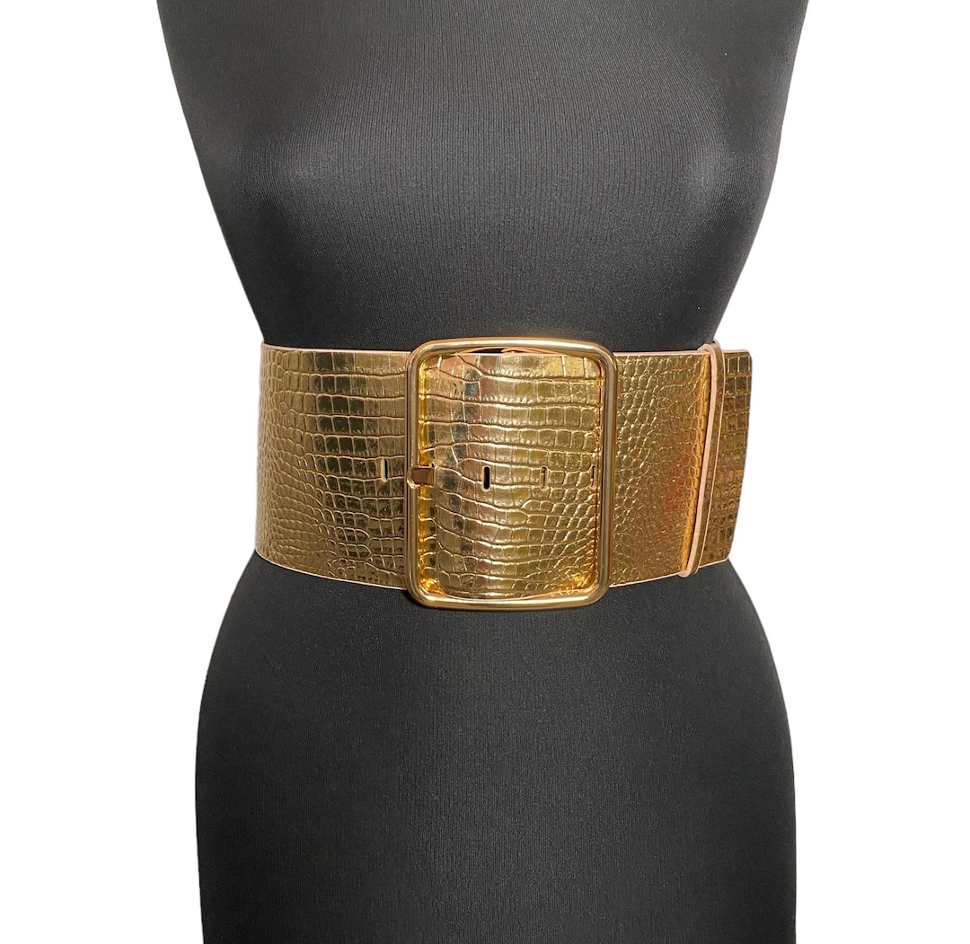 4 Inch Oversized Buckle Gold Croco Leather Wide Waist Belt, Plus Size ...