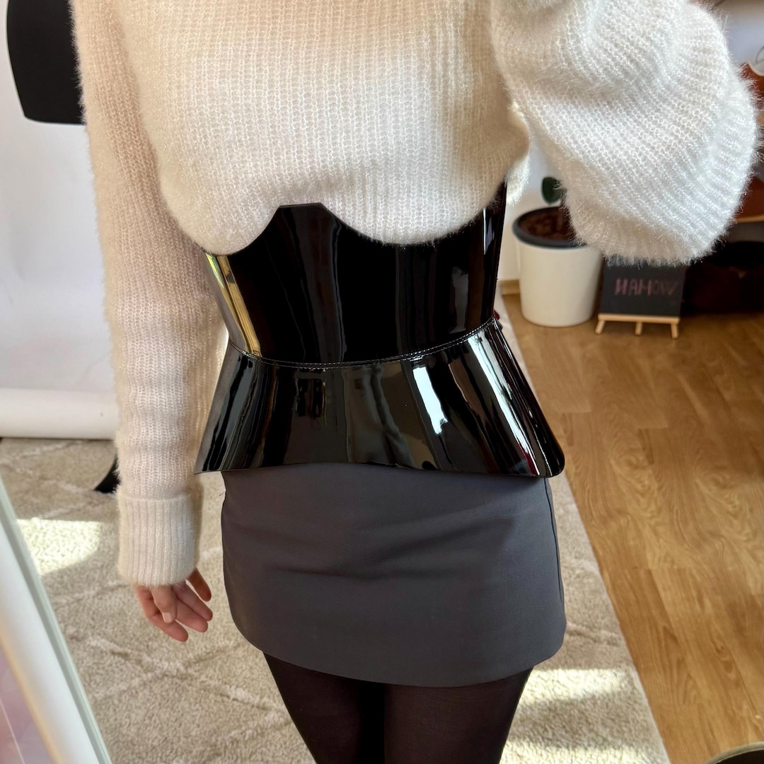 Rounded XO Black Patent Leather Corset, XXS-5XL Hourglass Wide Belt ...