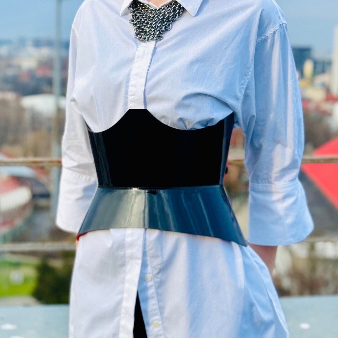 Rounded XO Black Patent Leather Corset, XXS-5XL Hourglass Wide Belt ...