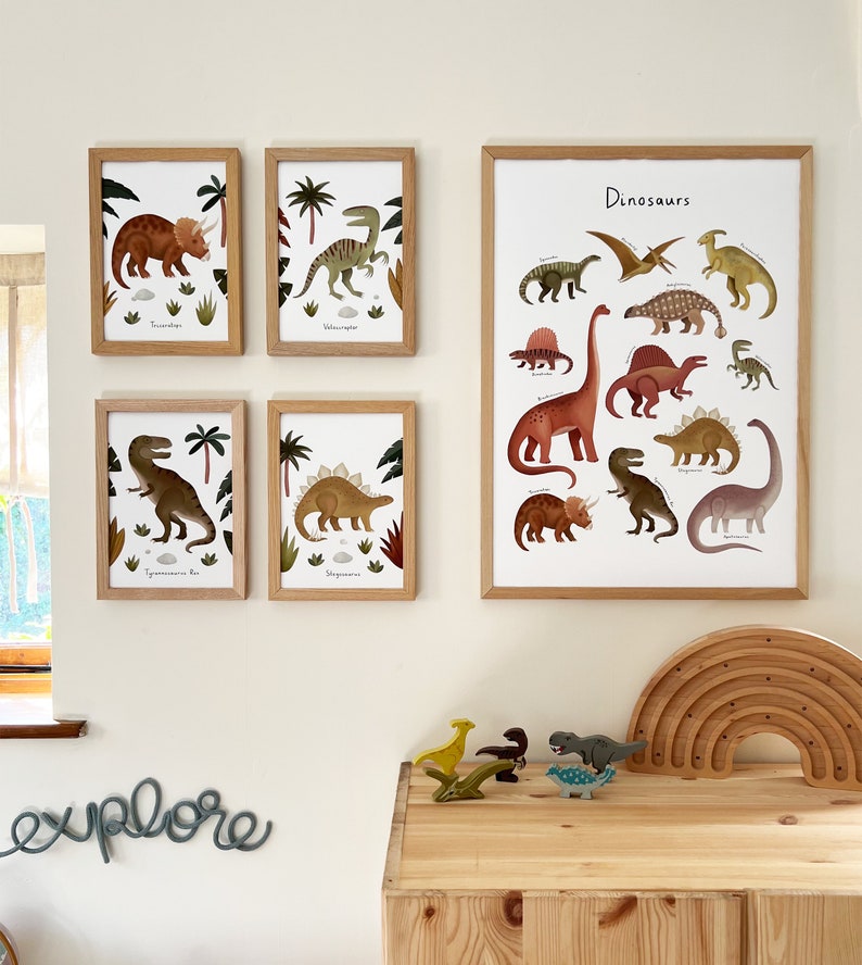 Dinosaur Chart Print in White, Dinosaur Wall Art, Children's Wall Art ...