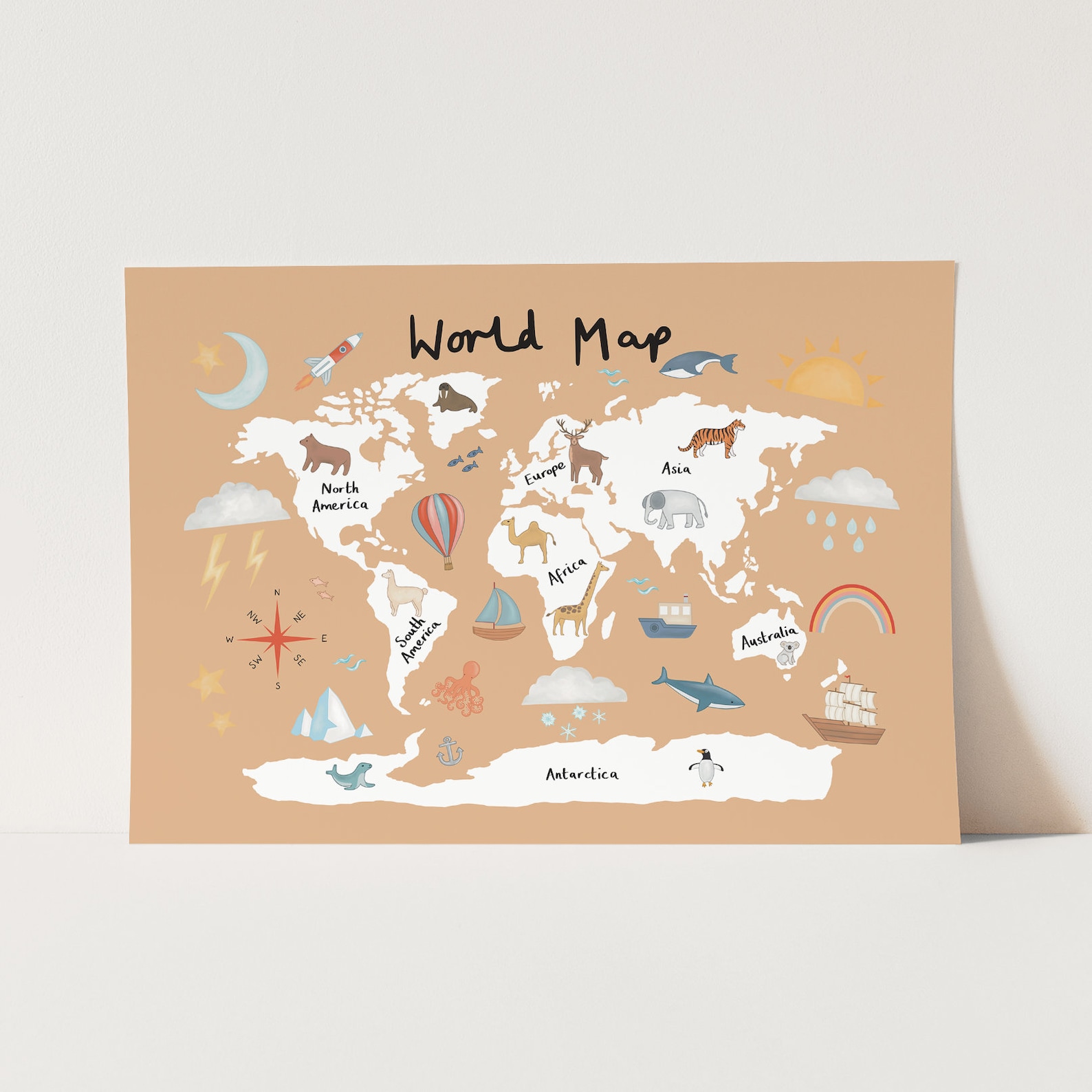 World Map Print in Sand Nursery Wall Art Nursery Poster - Etsy