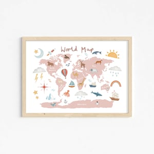 World Map Print in Rose Pink, Nursery Wall Art, Nursery Poster, Wall ...