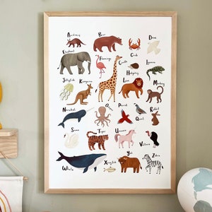 Animal Alphabet Print in White, Alphabet Poster, Abc Print, Nursery Art ...