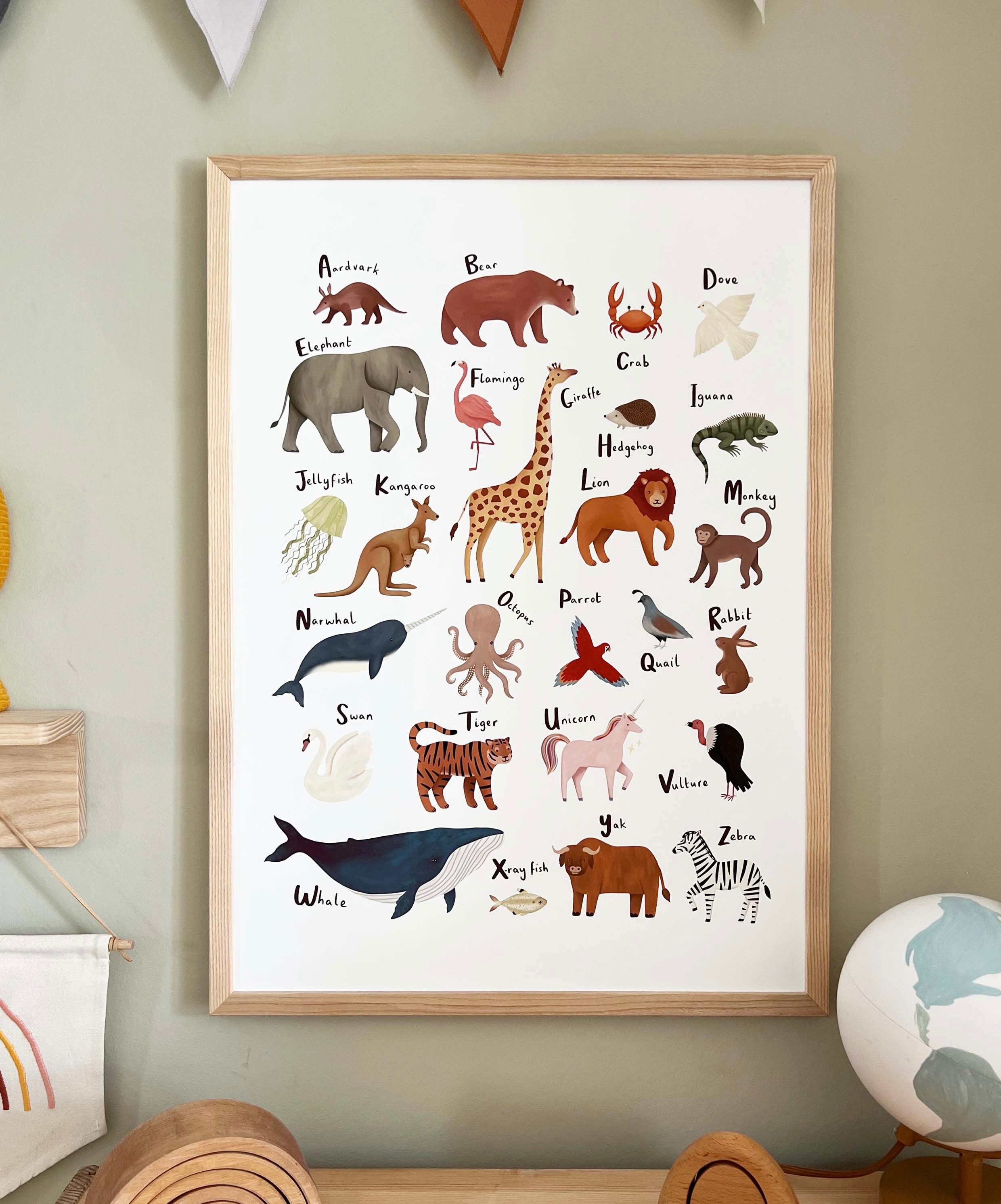 Animal Alphabet Print in White, Alphabet Poster, Abc Print, Nursery Art ...