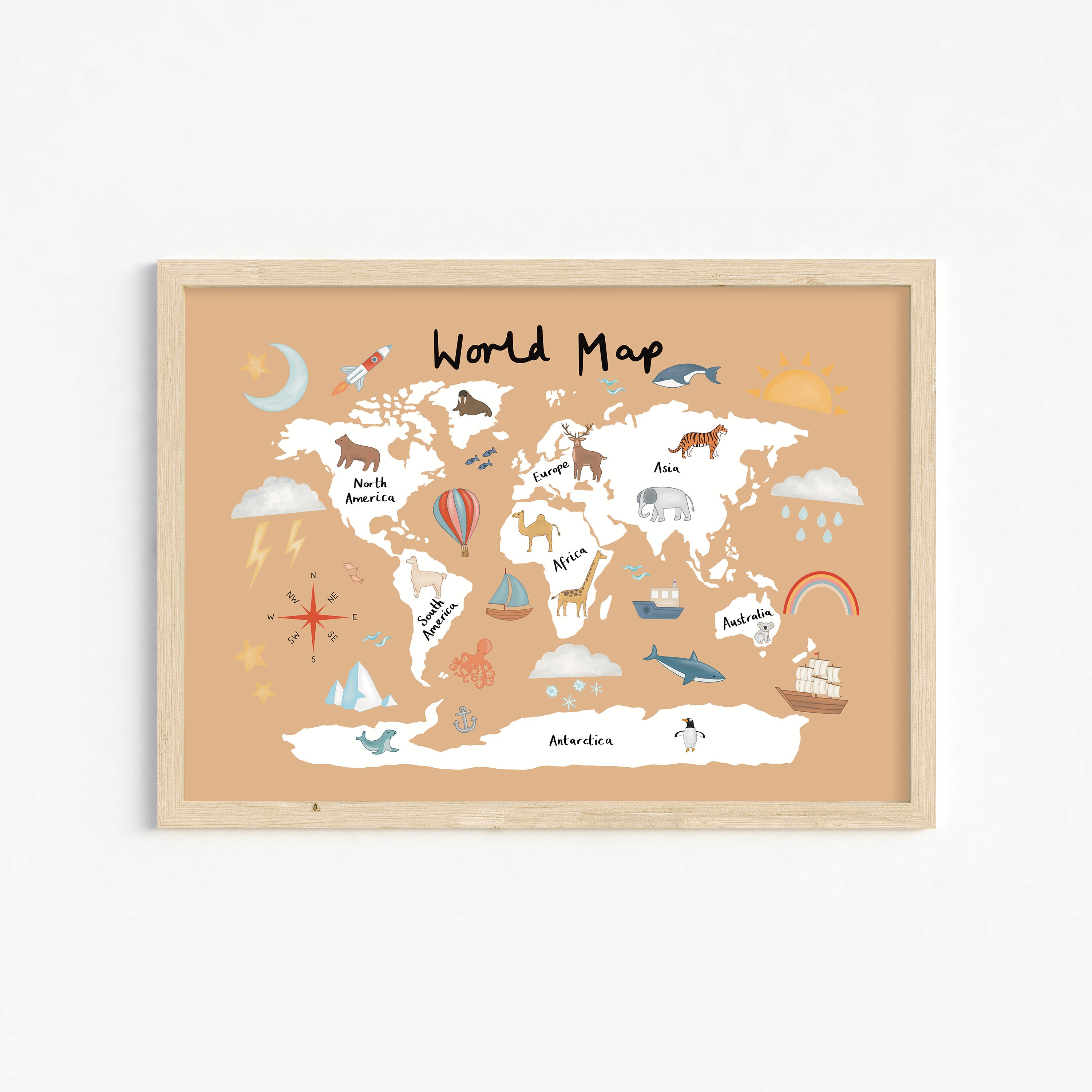 World Map Print in Sand Nursery Wall Art Nursery Poster - Etsy UK