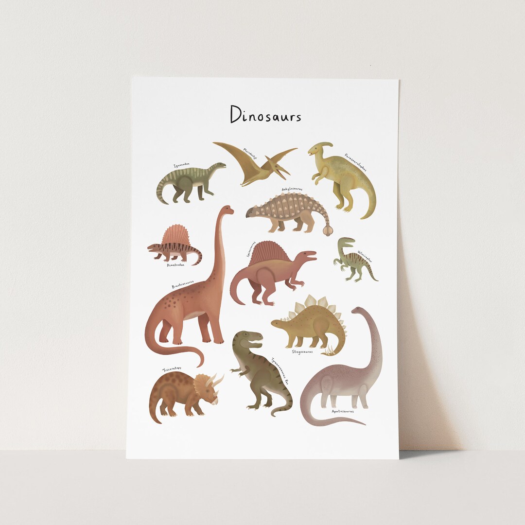 Dinosaur Chart Print in White, Dinosaur Wall Art, Children's Wall Art ...