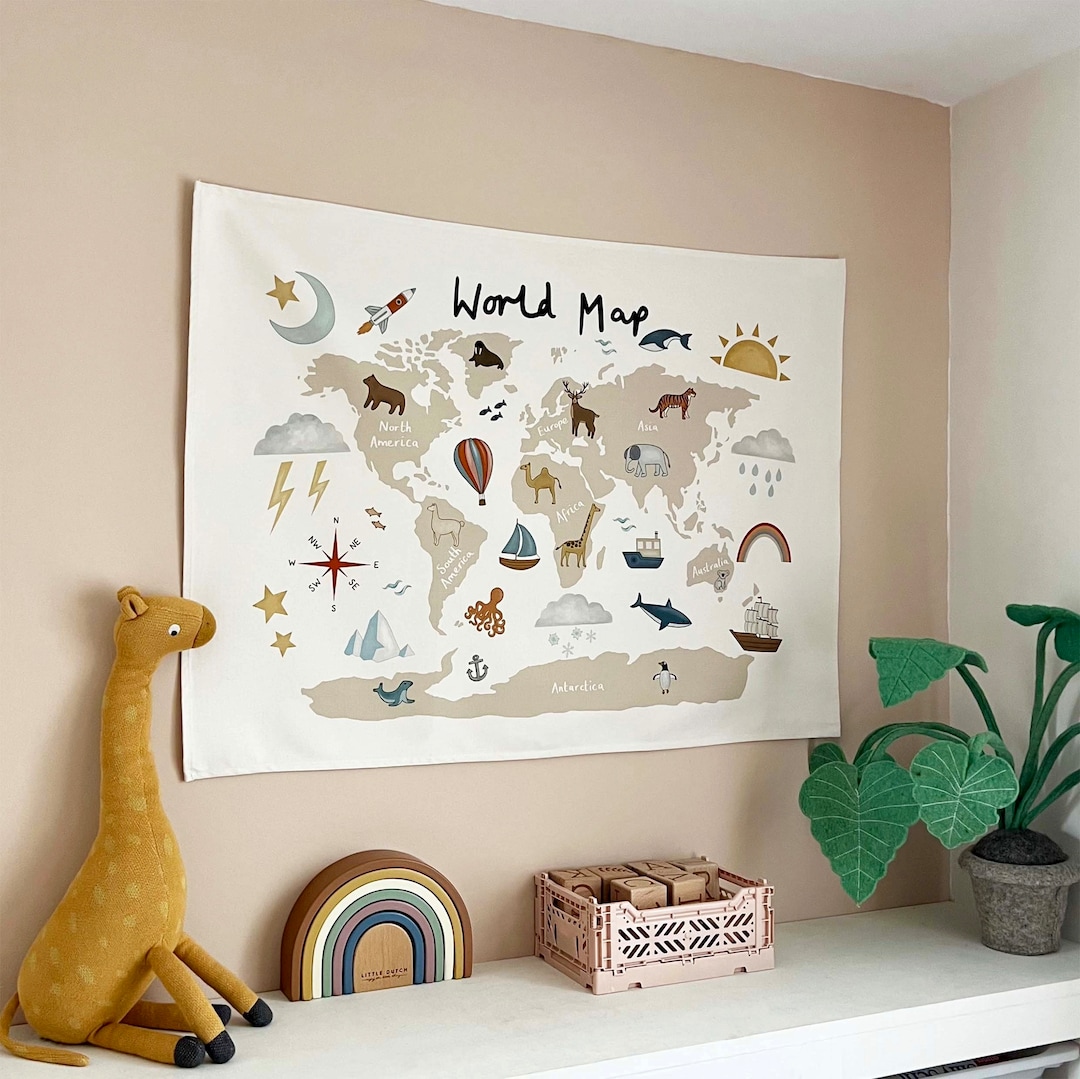 World Map Wall Hanging in Beige, 100% Unbleached Organic Cotton World ...