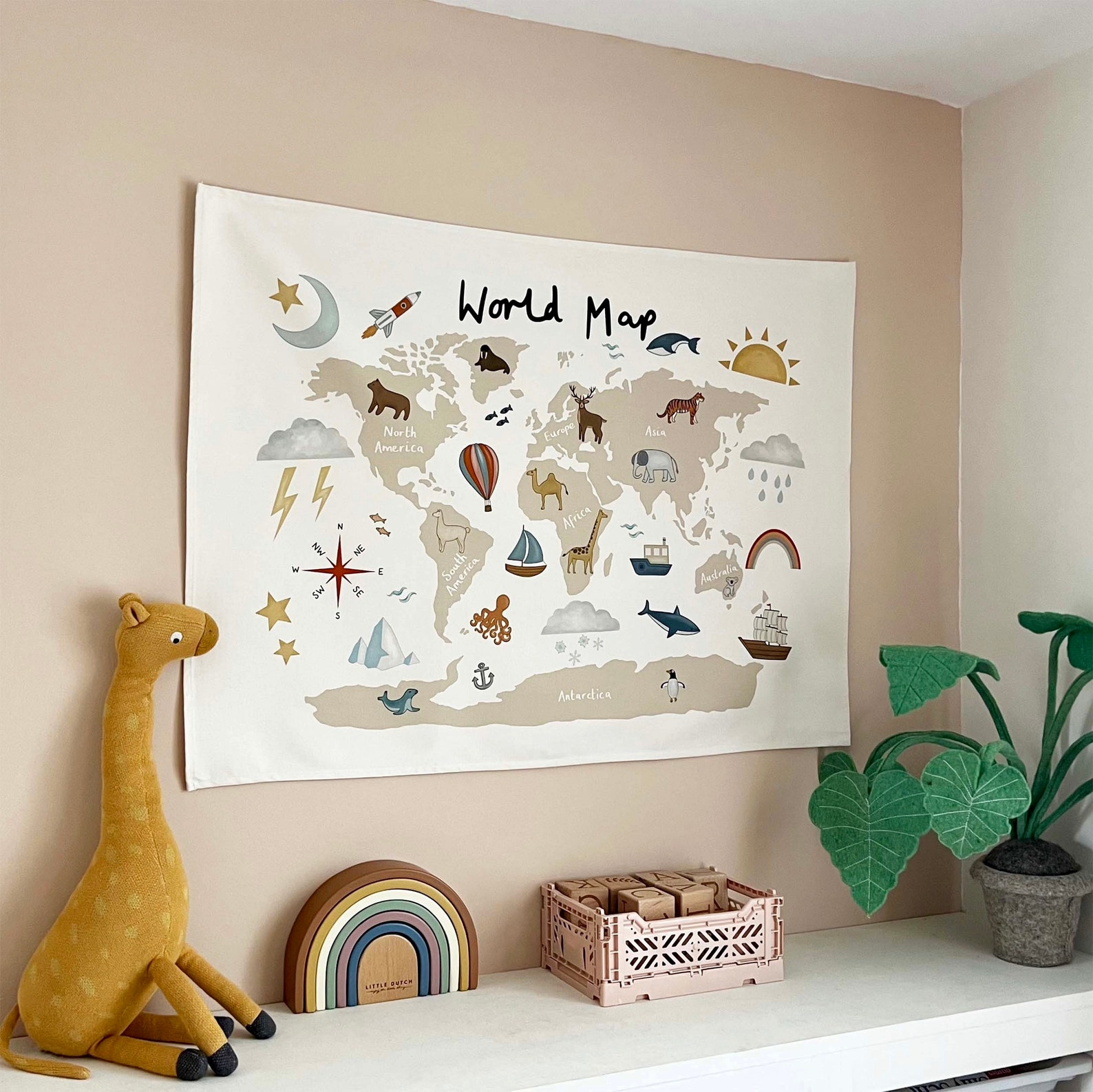 World Map Wall Hanging in Beige, 100% Unbleached Organic Cotton World ...