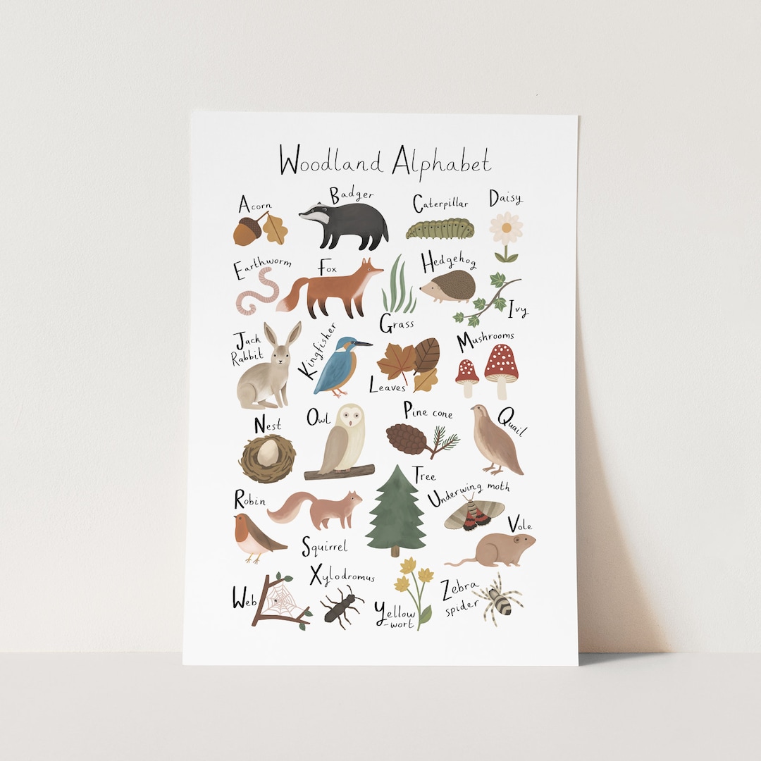 Woodland Alphabet Print in White, Alphabet Poster, Abc Print, Nursery ...