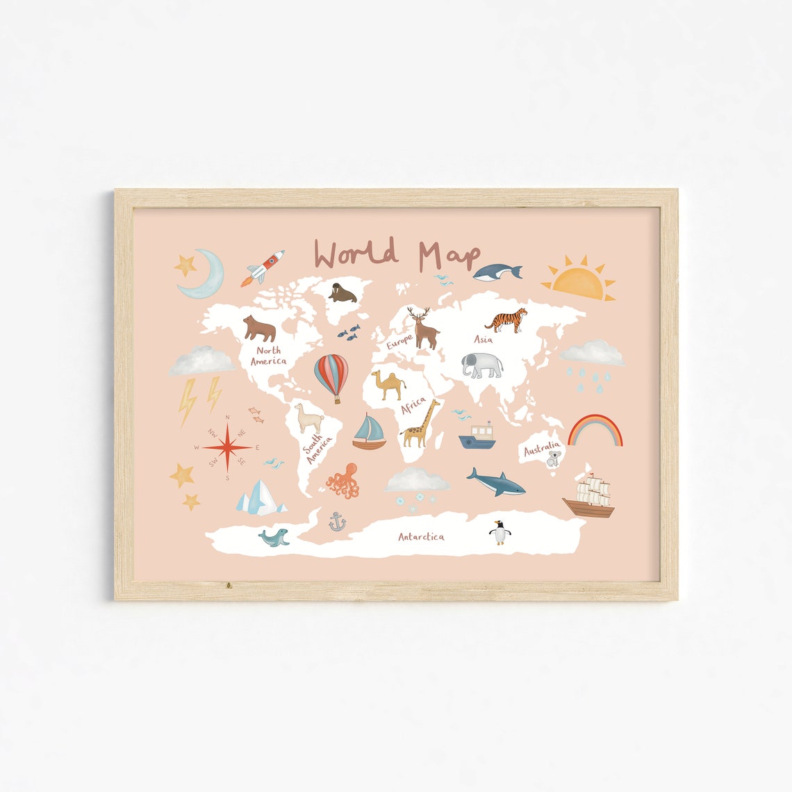 World Map Print in Pink Nursery Wall Art Nursery Poster - Etsy