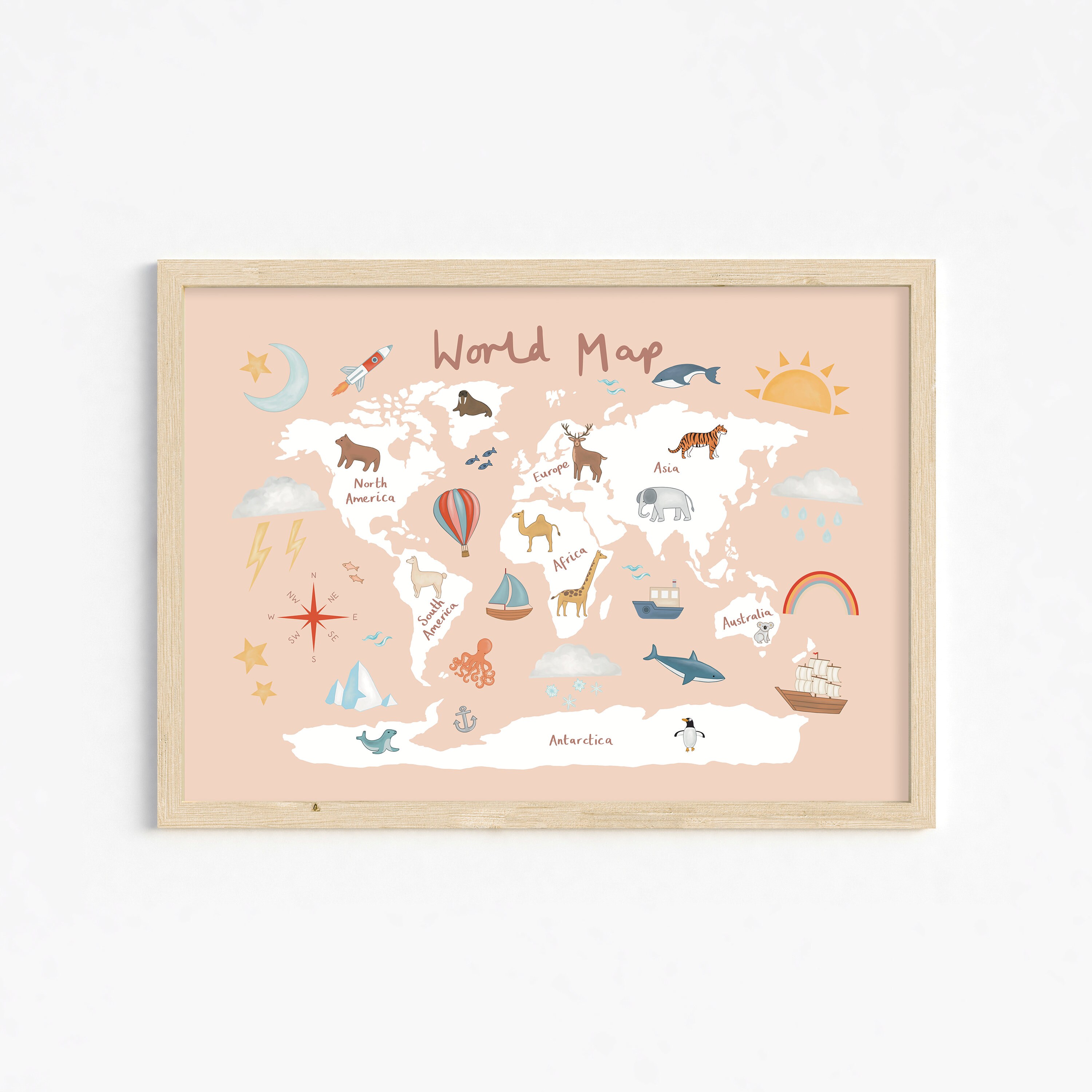 World Map Print in Pink Nursery Wall Art Nursery Poster - Etsy UK