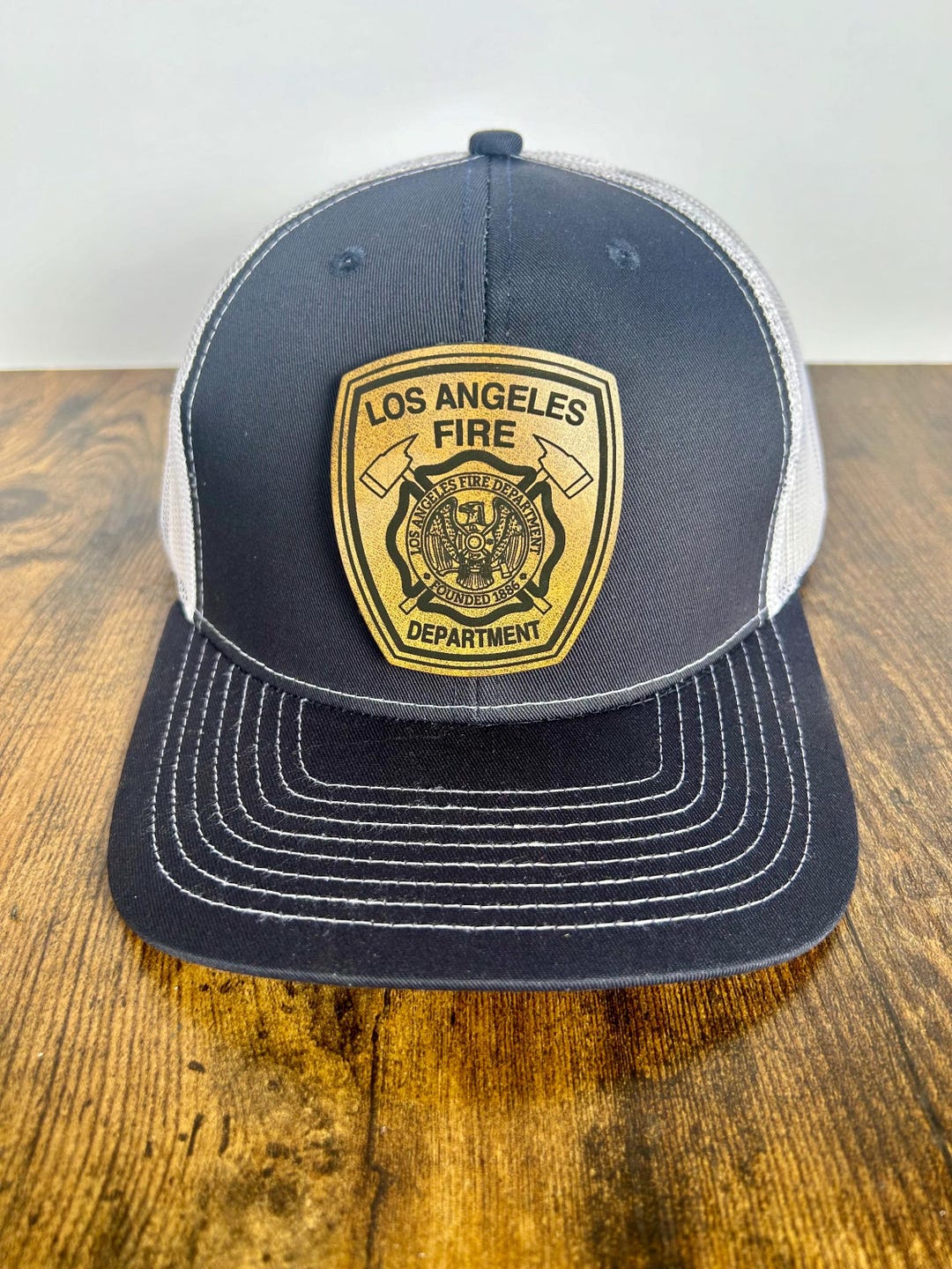 LAFD Trucker Cap Hat Engraved Leatherette Los Langeles Navy Blue White ...