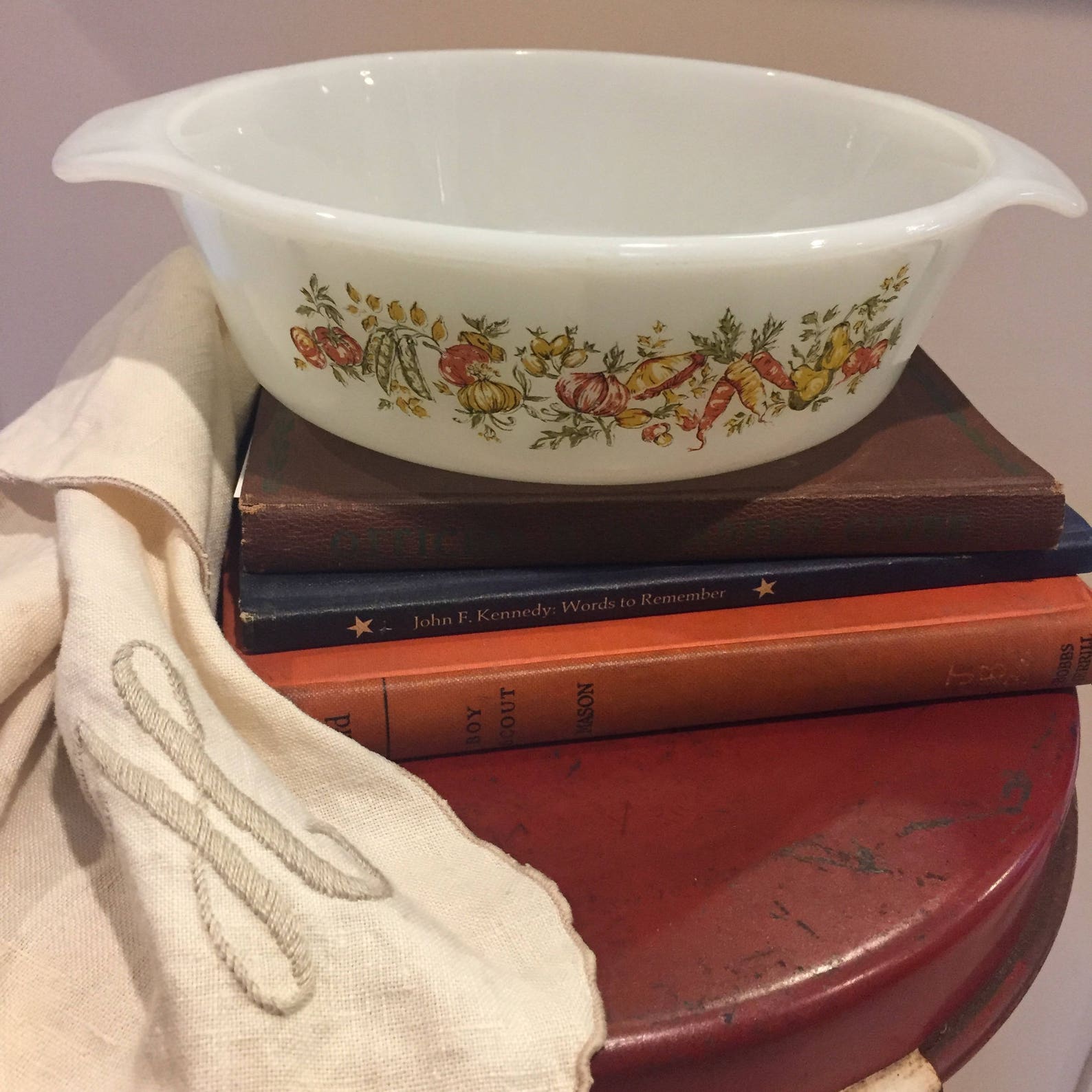 Vintage Fire King Casserole Dish, Milk Glass Vegetable Harvest Pattern ...