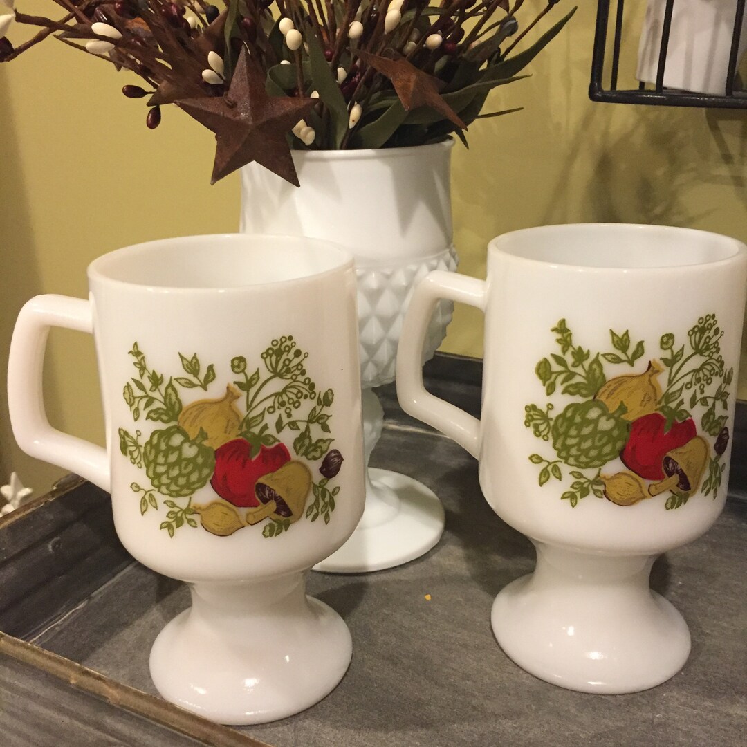 Spice of Life Pedestal Mugs, Set of 2-1970’s Milk Glass, Corning Great ...