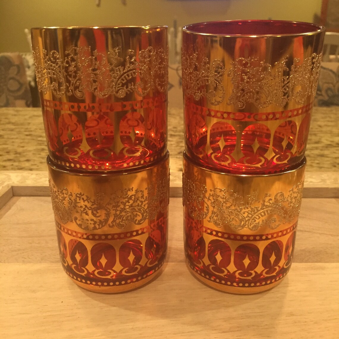 Moroccan Tea Cups Made in Korea, Boho Tea Cups, Red Glass Encrusted Tea ...