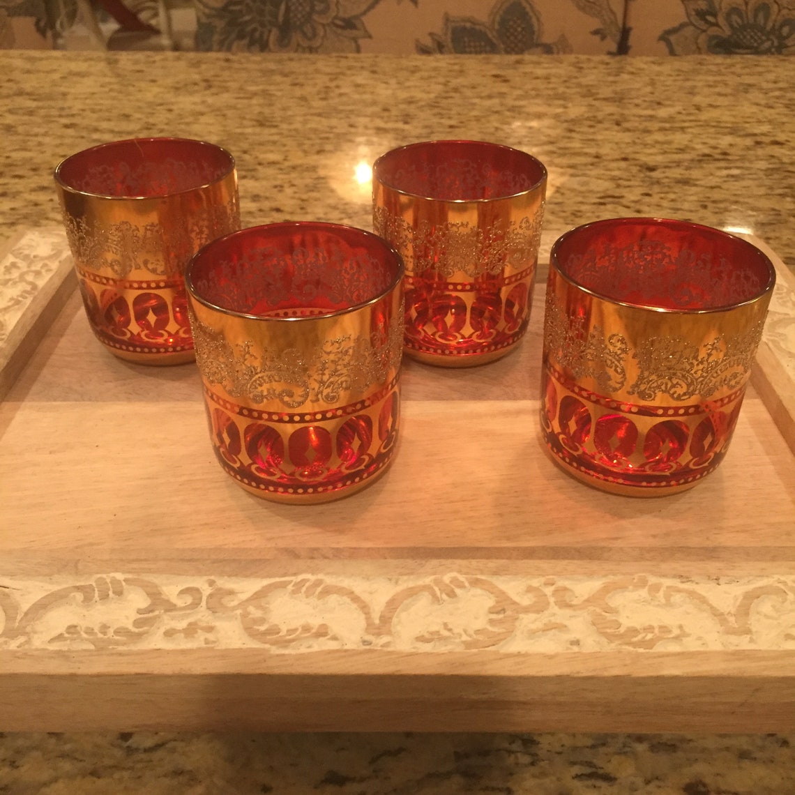 Moroccan Tea Cups Made in Korea, Boho Tea Cups, Red Glass Encrusted Tea ...