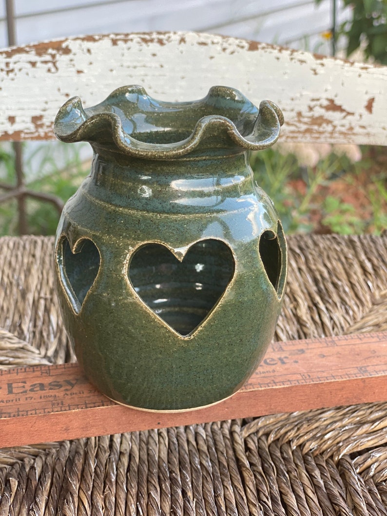 Pottery Tea Light Holder. Green Glaze Pebbly Pottery From - Etsy
